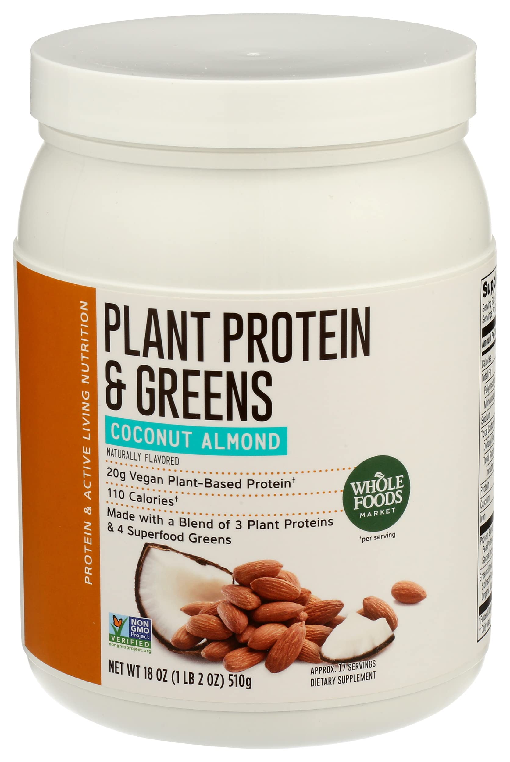 Whole Foods Market, Protein Powder And Greens Coconut Almond, 18 Ounce