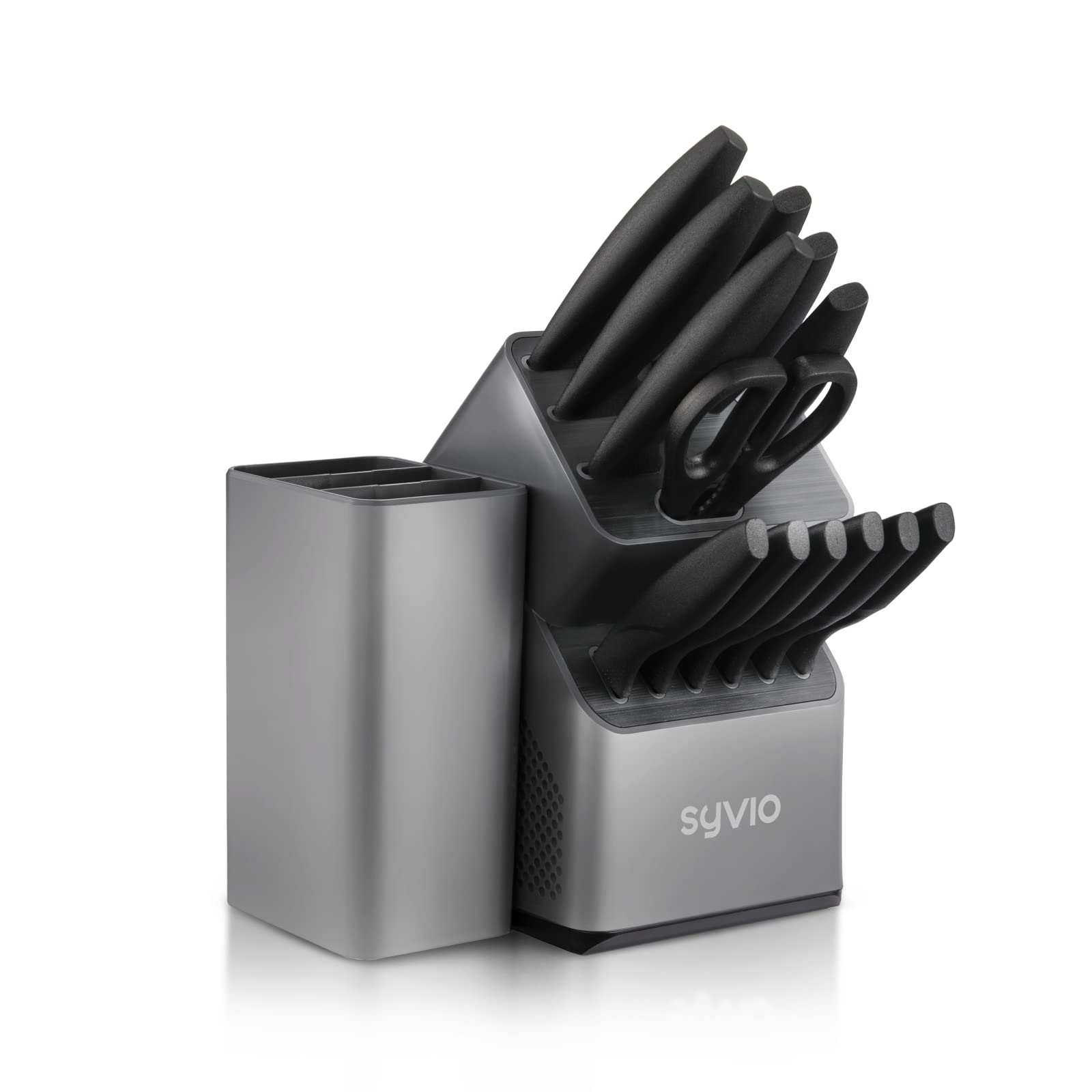 syvio Knife Sets for Kitchen with Block and Utensil Holder, Knives Set for Kitchen 15 Pieces with Built-in Sharpener, Knife Block Set for Storing, Slicing, Dicing&Cutting