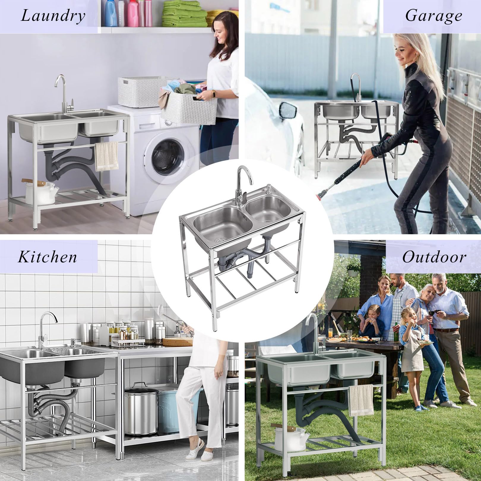 ZILZAL Simple Kitchen Sink Commercial Sink 2 Compartment Free Standing Utility Sink for Garage, Restaurant, Kitchen, Laundry Room