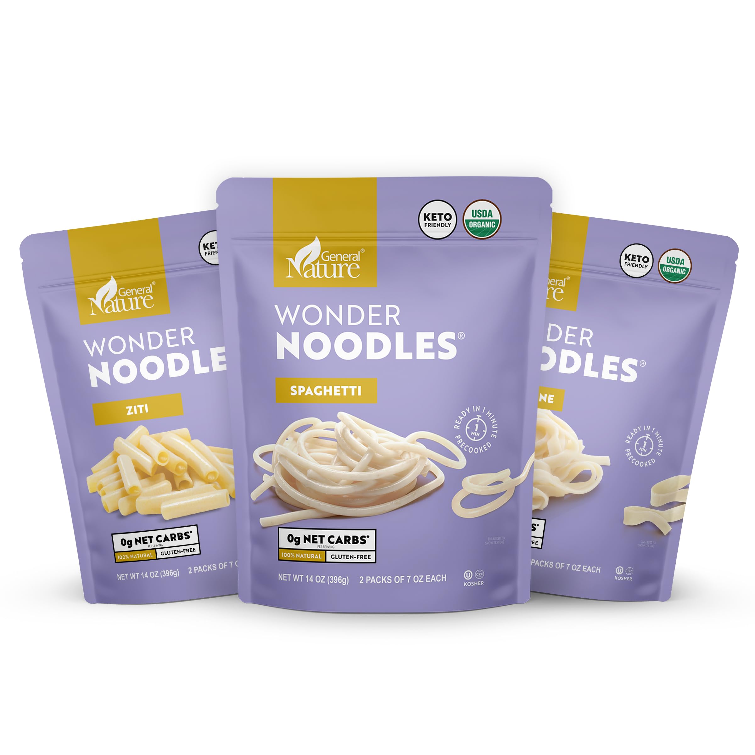 Wonder Noodles Variety Pack - Carb-Free, Keto, Gluten-Free, Kosher, Vegan, Low-Calorie -Organic Konjac Pasta - Spaghetti, Fettuccine, Ziti (14oz Each) Ready to eat in one minute