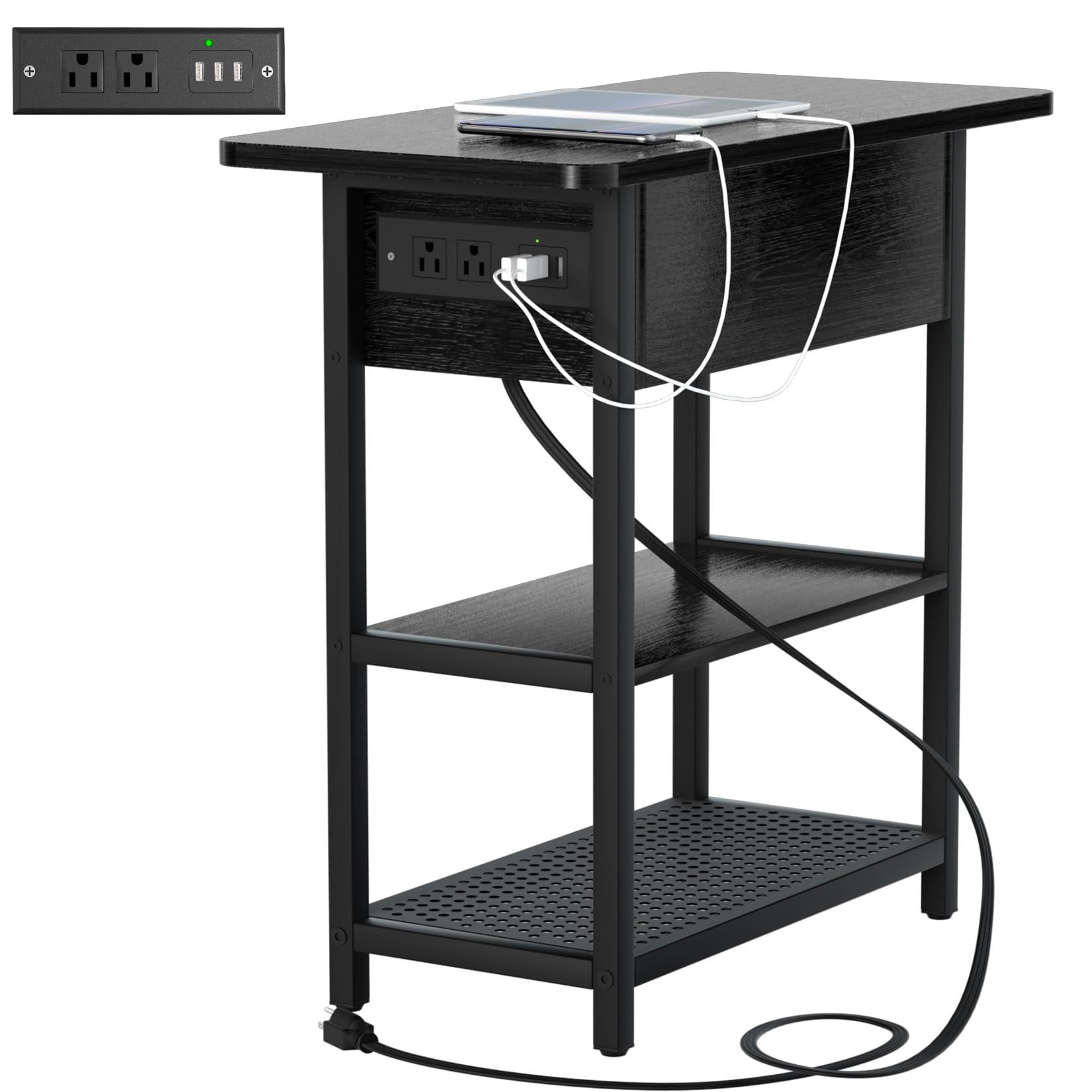 Yenlure End Table with Charging Station, Narrow Side Table with 5 USB Ports & Outlets, Flip Top Nightstand for Small Space, Bedside Table with Storage Shelf for Living Room/Bedroom, Black