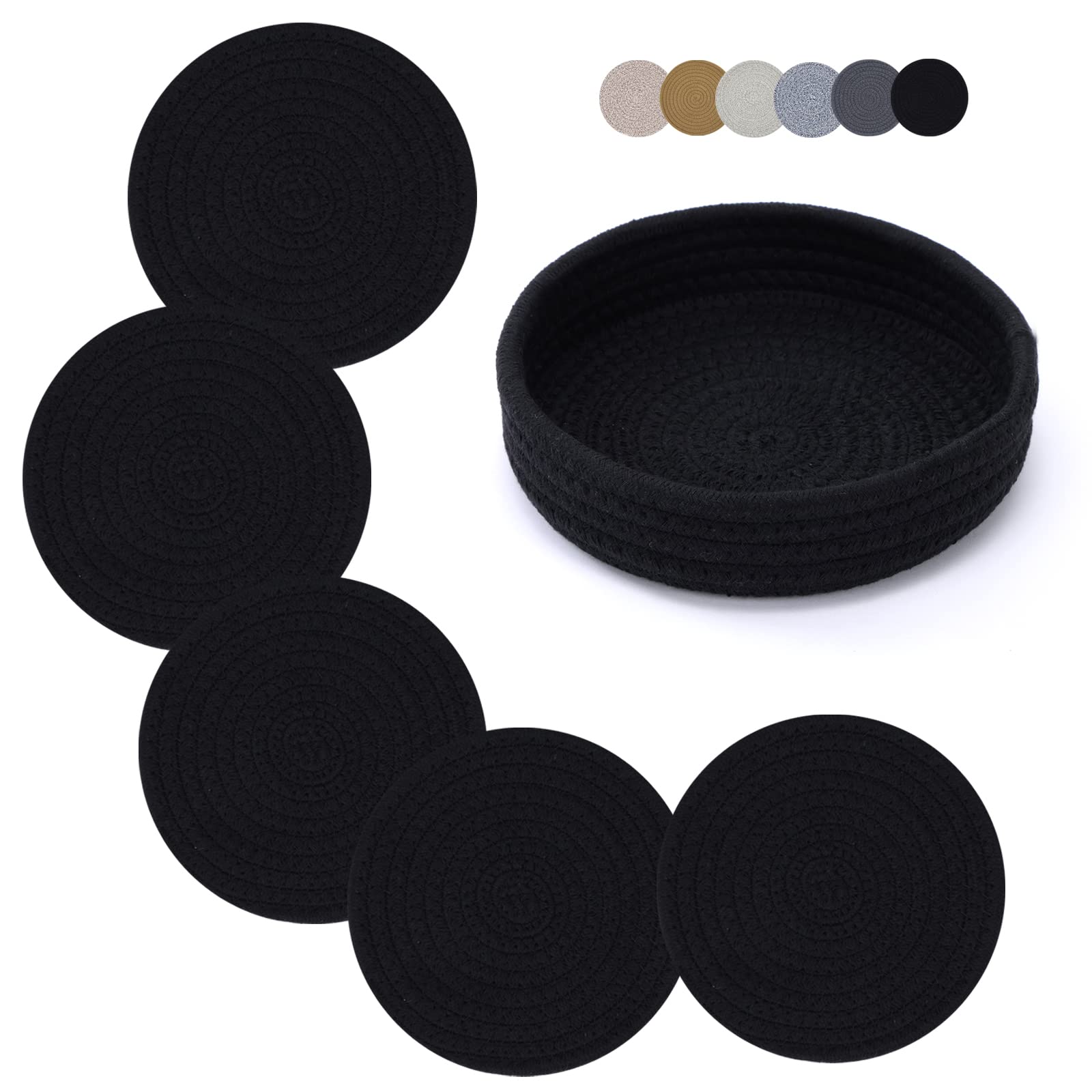 Trivets for Hot Dishes, Trivets for Hot Pots and Pans, 7 Inchs Hot Pads 5 Pcs and Storage Basket 1 Pack for Countertops, Pot Holders for Kitchen, Cotton Table Protector Hot Mats Heat Resistant (Green)