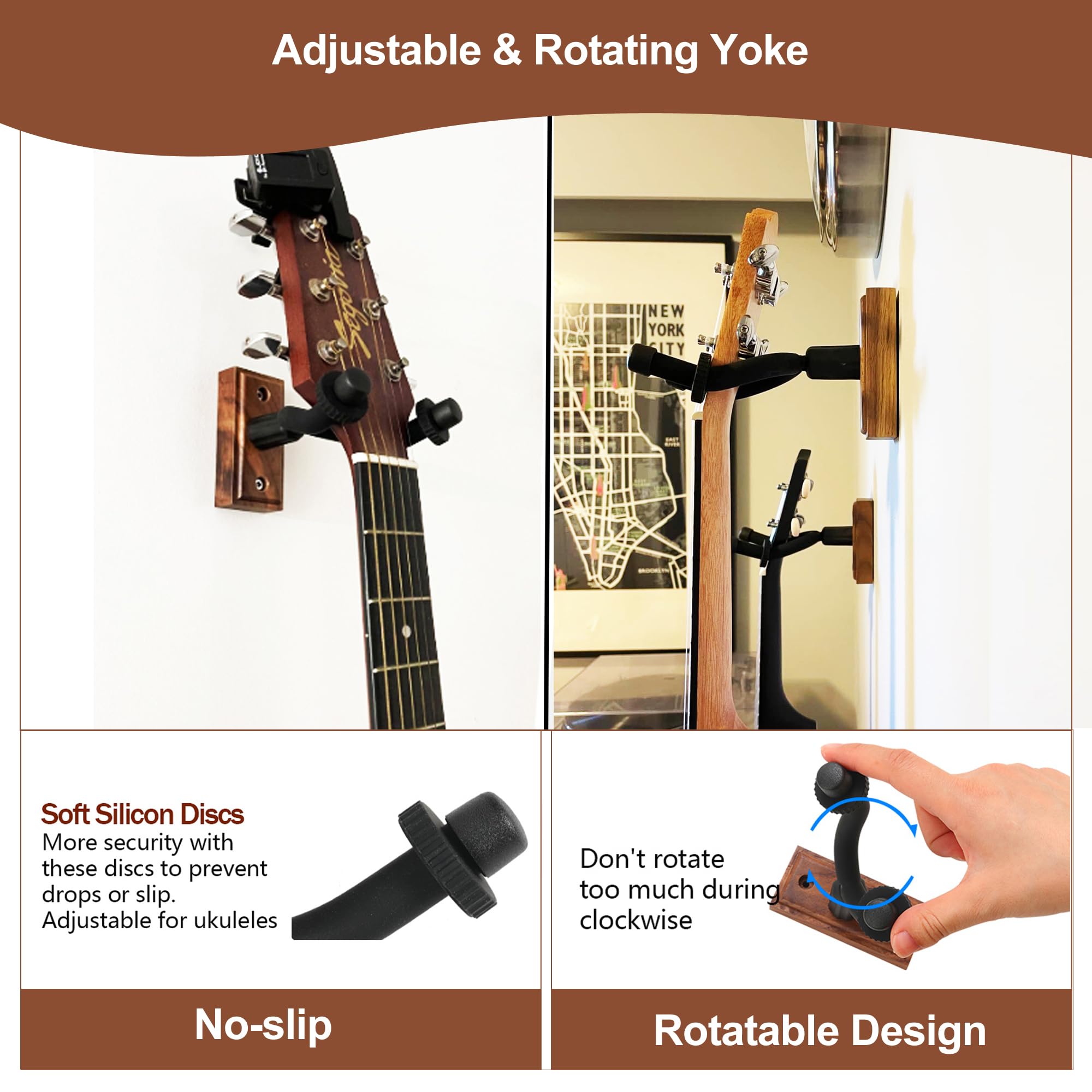 WINGO Guitar Wall Mounts 2 Pack, Guitar Wall Hanger Holder Stand for Acoustic Electric Guitar Bass Ukulele – Black Walnut Woodbase