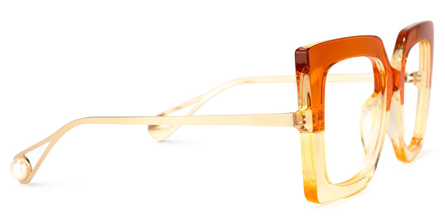 VOOGLAM Oversized Thick Square Blue Light Blocking Glasses for Women Orange Fashion Eyewear with Pearl Inlay Arm Anti Eyestrain UV Valarie