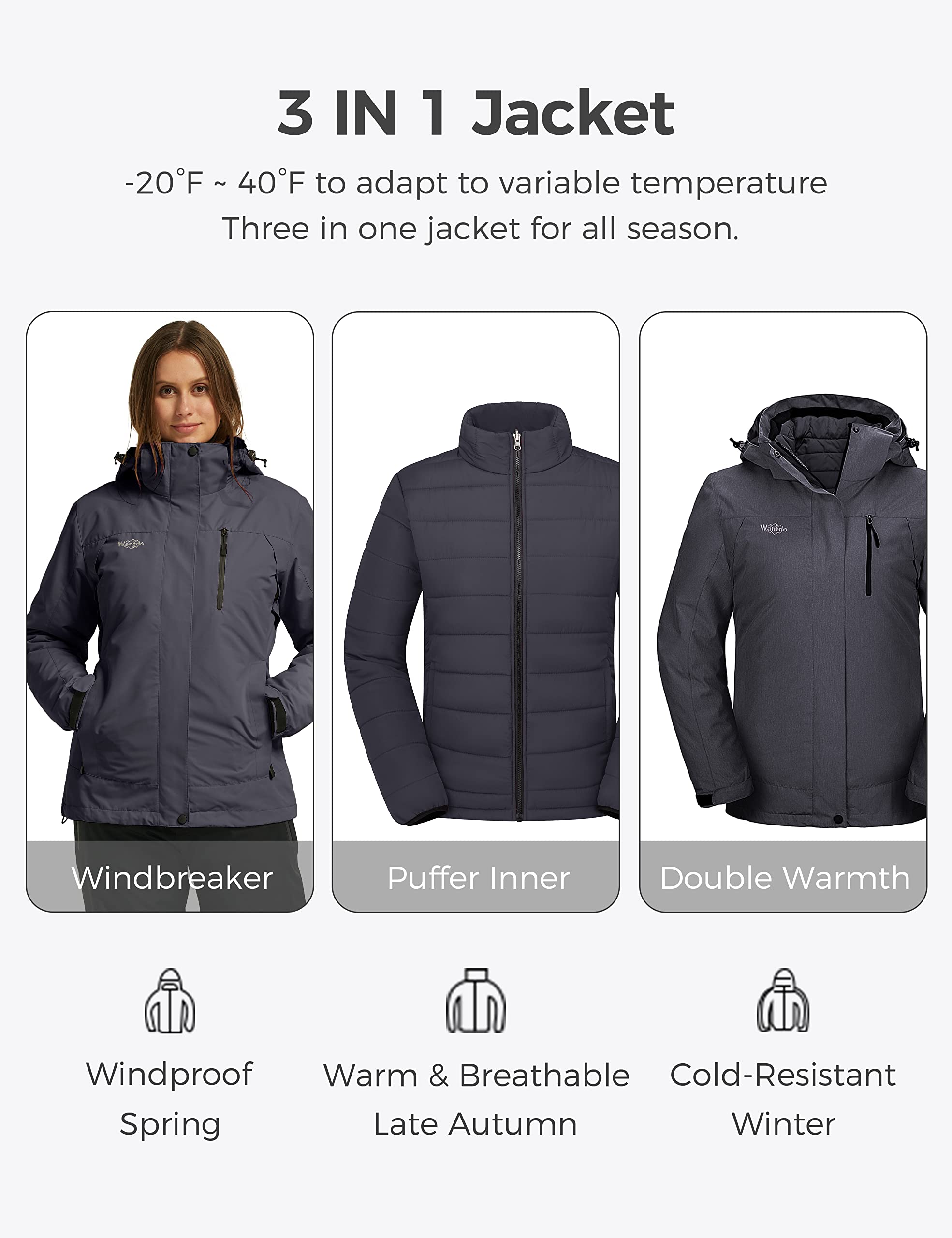 wantdo Women's 3-in-1 Waterproof Ski Jacket Warm Hooded Winter Coat Rain Jackets Dark Gray L