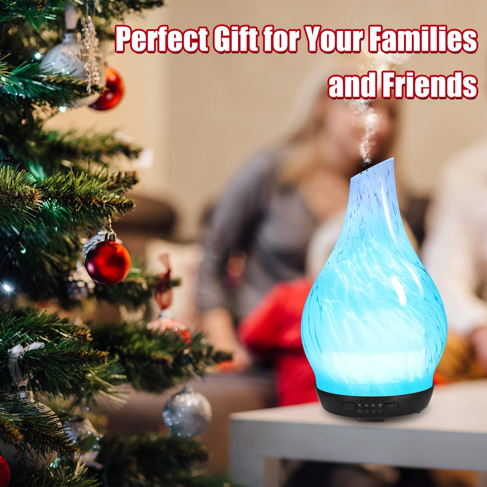 ZEERK Art Glass Essential Oil Diffuser, 250ML Ultrasonic Aroma Diffuser Quiet Cool Mist Humidifier for Home Gift, 7 Color Changing LEDs, Waterless Auto-Off, Timer Setting, BPA Free, White