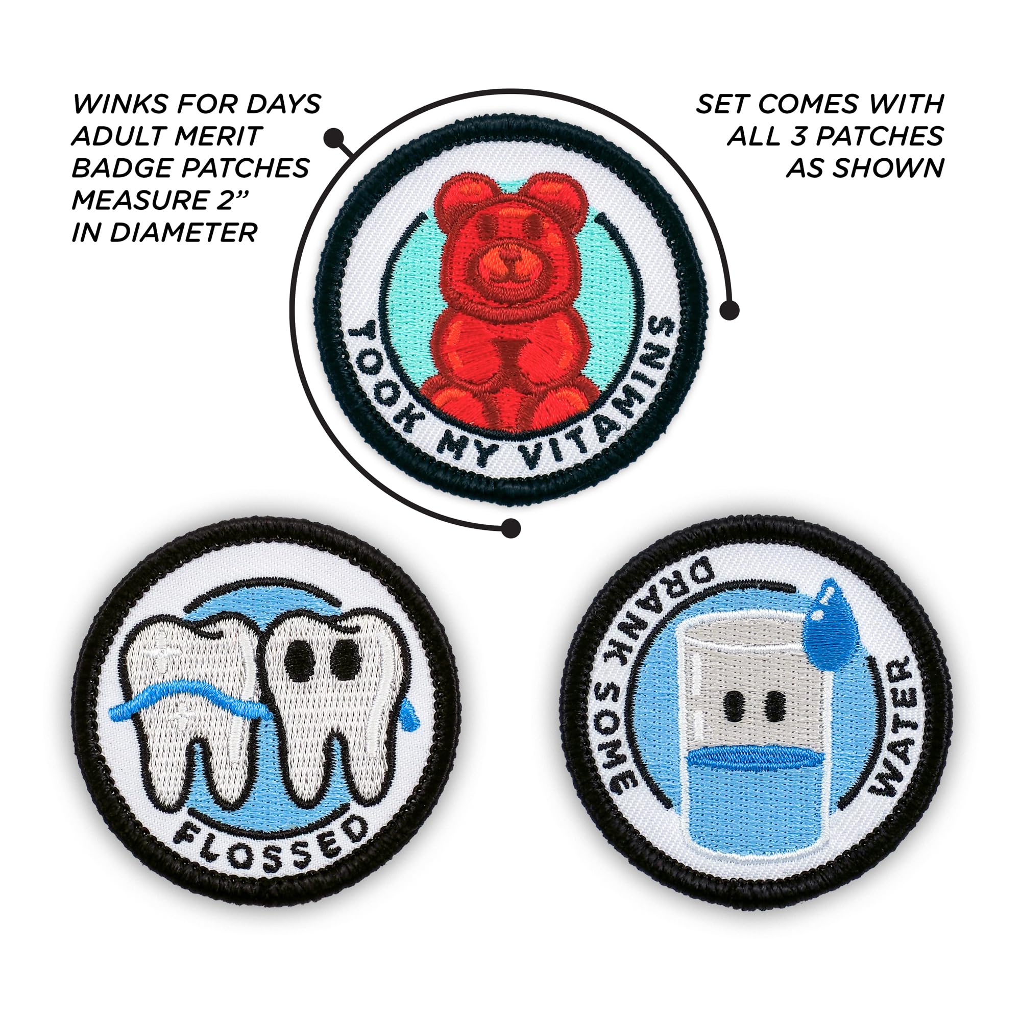 Winks For Days Adulting Merit Badge Embroidered Iron-On Patches (Health - Set 2) - Includes Three (3) 2" Patches: Flossed, Took My Vitamins, and Drank Some Water