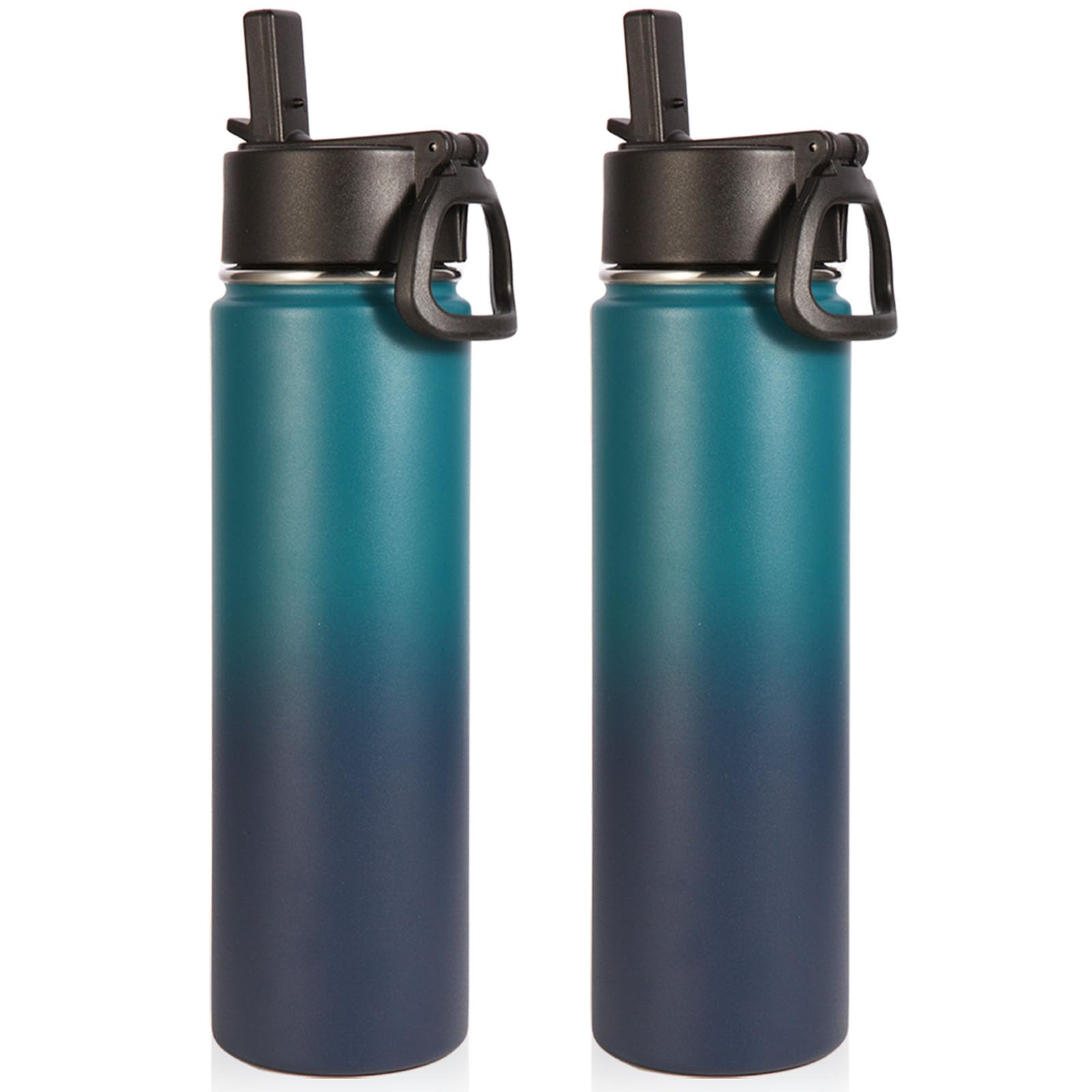 Volhoply 24oz Insulated Water Bottle With Straw Bulk 2 Pack,Metal Wide Mouth Water Bottles With Handle Lid Keep Cold,Reusable Double Wall Thermos,Powder Coated Sport Bottle For Holder(White,2 Count)