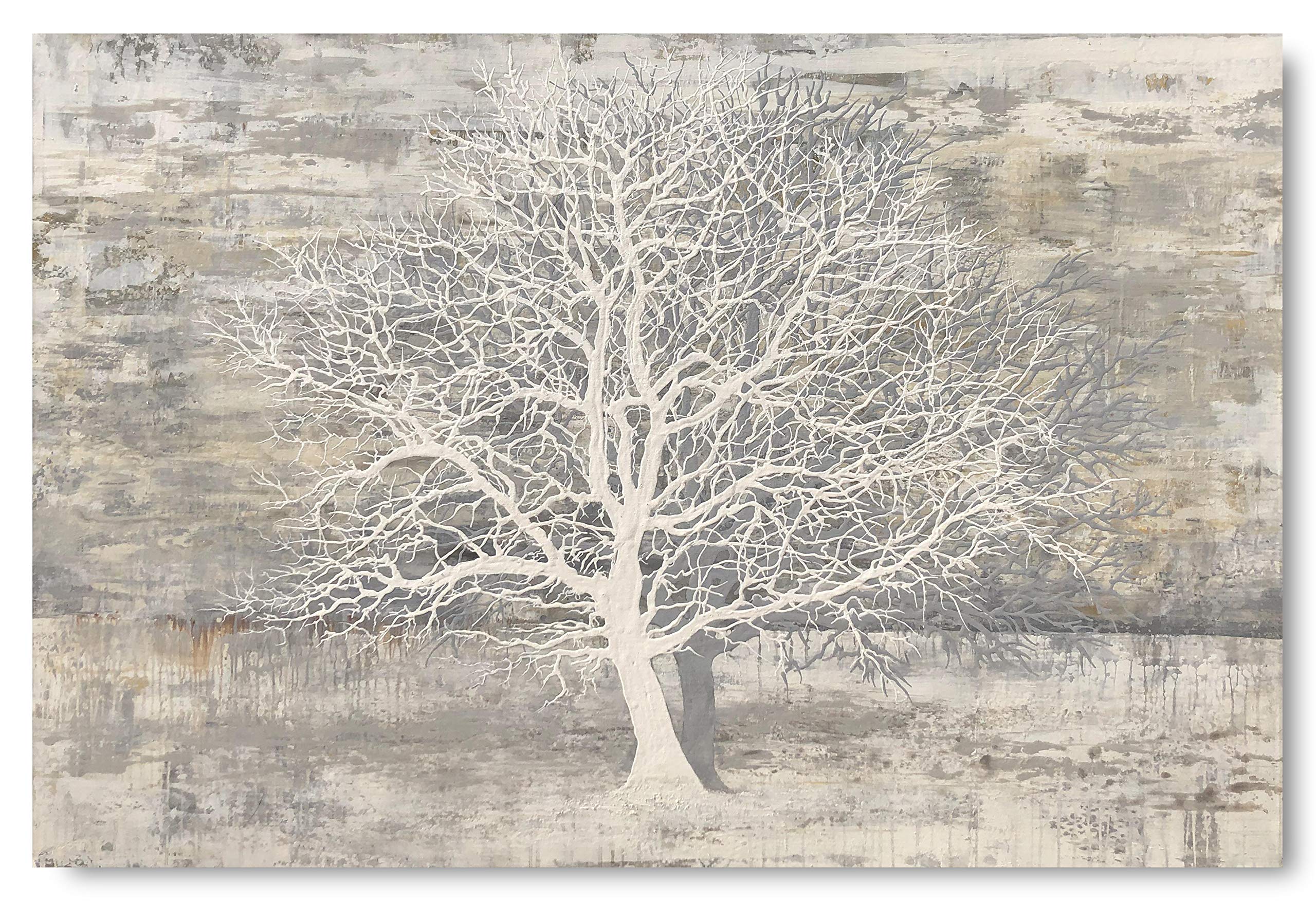 Yihui Arts Tree Of Life Canvas Wall Art Hand Painted Grey White Beige Paintings Modern Abstract Forest Pictures Artwork for Living Room Bedroom Office Decoration