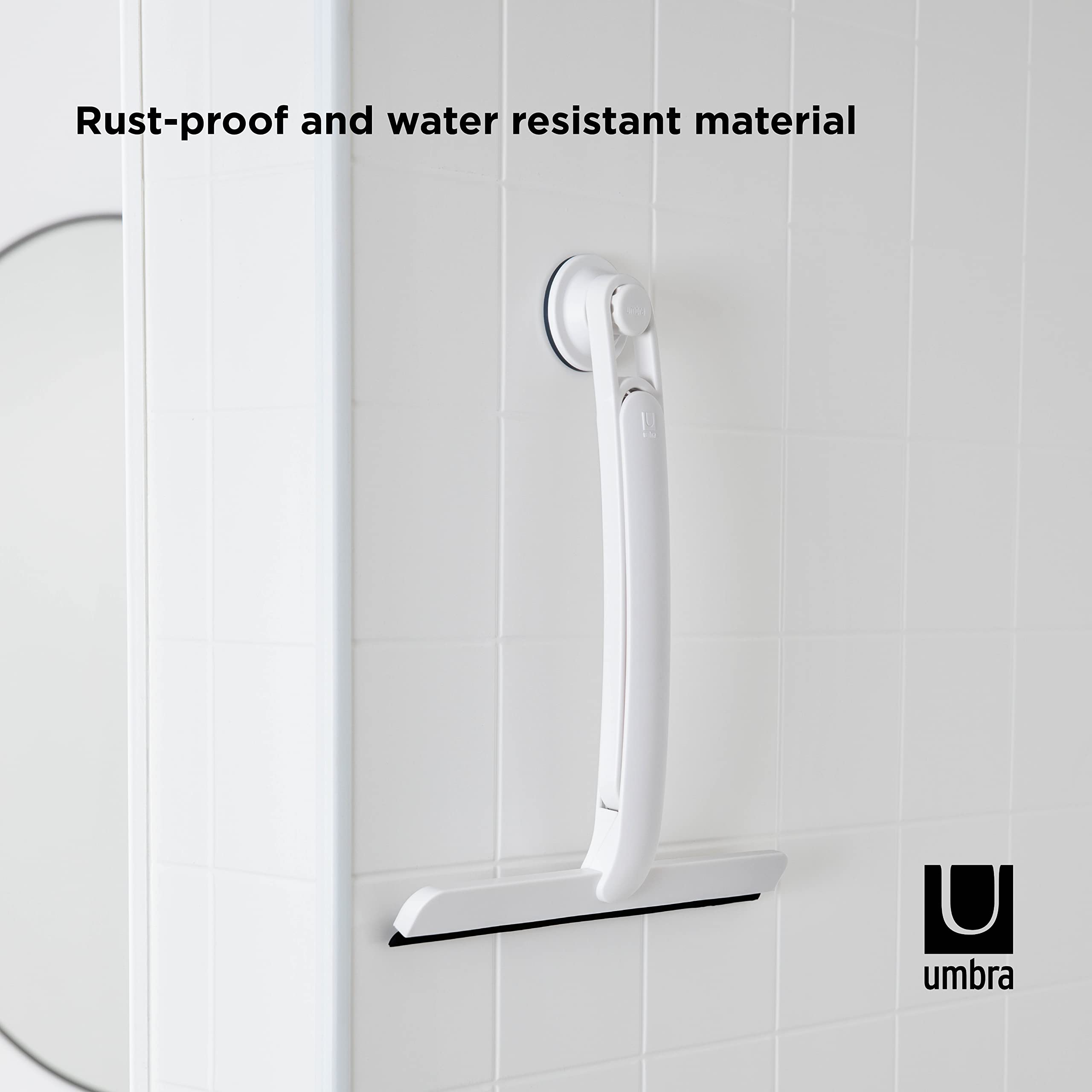 Umbra 1005121-660 Flex Squeegee, White Rust-Proof Squeegee with Extending, Extra Long Handle and Suction Cup, Store in Shower, Keep Tiles and Shower Walls Dry and Clean, White,10¼ x 11½ x 1 ½ inches