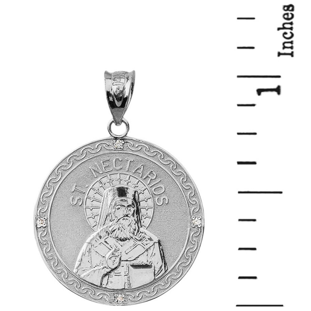 Sterling Silver Saint Nectarios of Aegina CZ Round Medal Protection Charm Pendant (1")