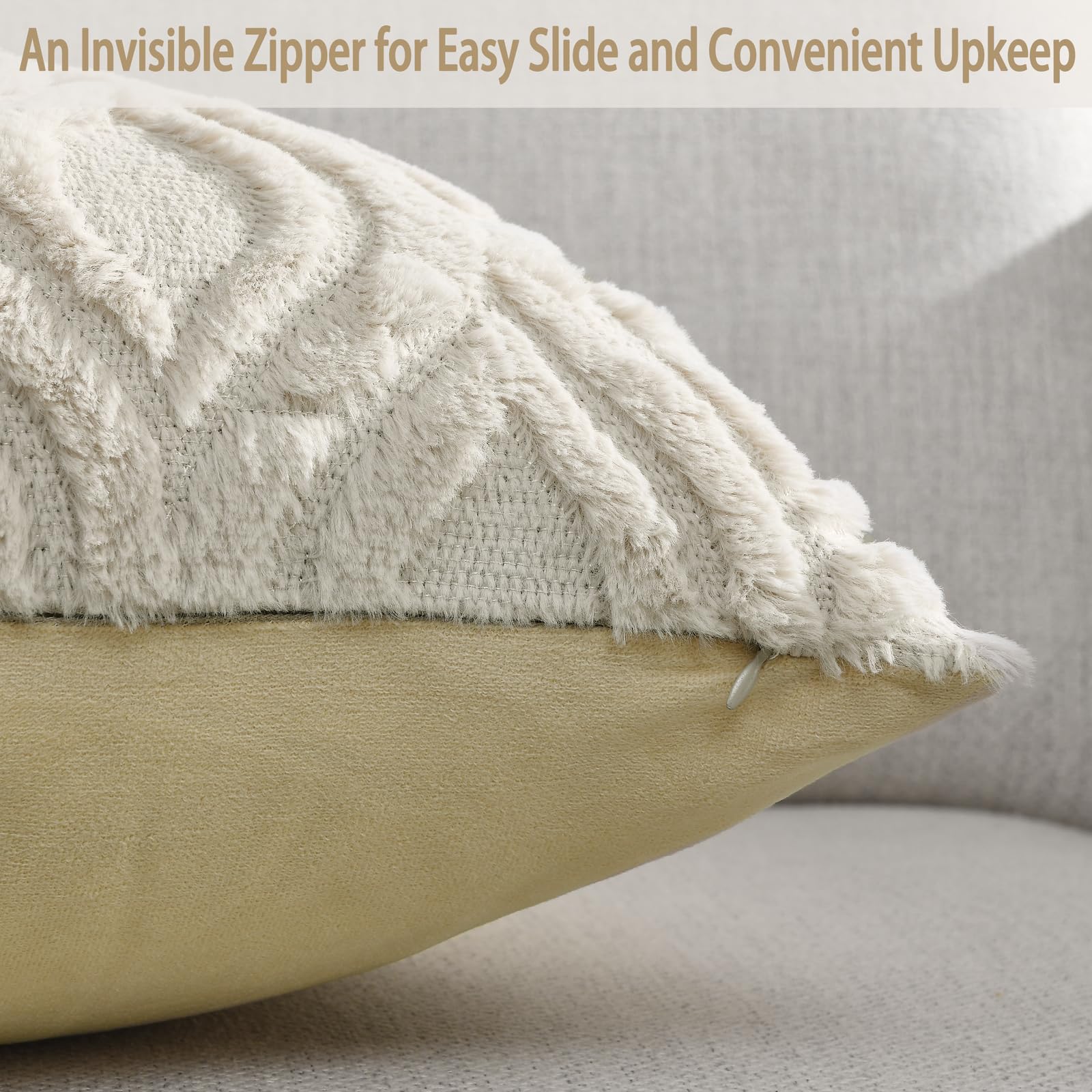 Volcanics Decorative Throw Pillow Covers 20x20 Inch, Faux Wool Plush Couch Cushion Cases Soft Fluffy Boho Pillowcases, Set of 2, Beige