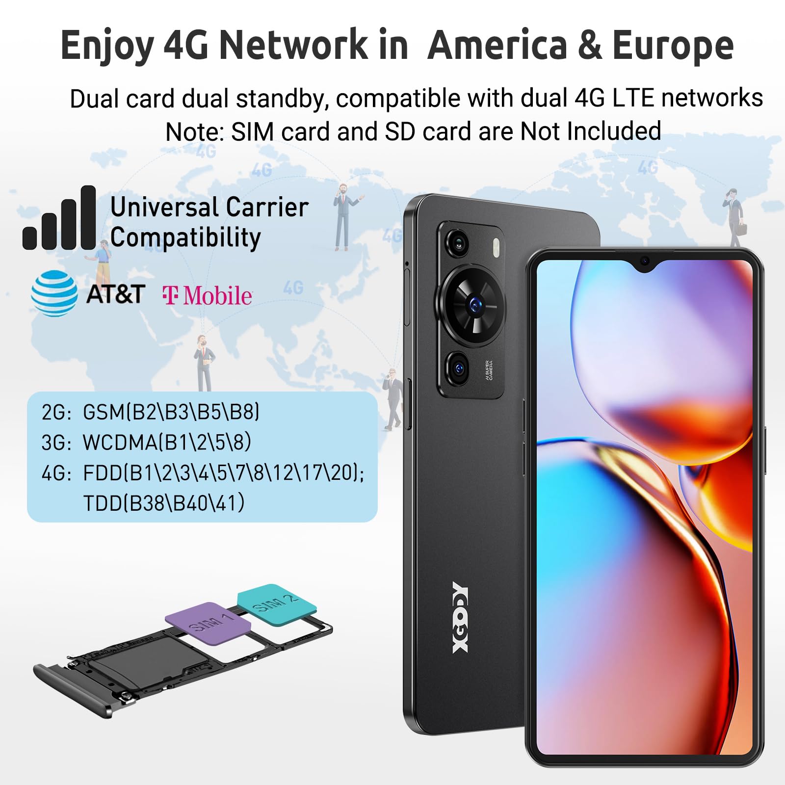 Xgody Mate50 3GB+32GB Octa-Core 4G Unlocked Phones, 6.56'β Incell Screen Dual Sim Unlocked Cell Phones, 4500mAh Battery, Face Unlock, Camera 5MP+18MP Android Smartphones (Black)