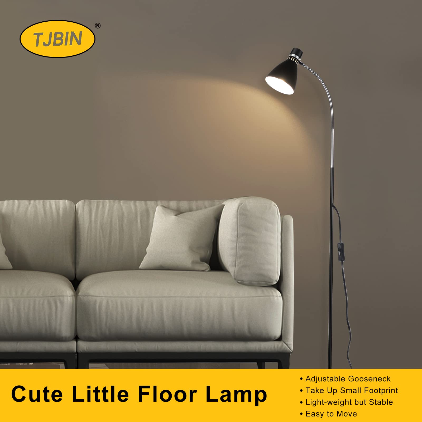 TJBIN Adjustable Gooseneck Floor Lamp White,Floor Reading Lamp for Bedroom, Grow Light for Indoor Plants. Minimalist Standing Lamp & Small Task Floor Light