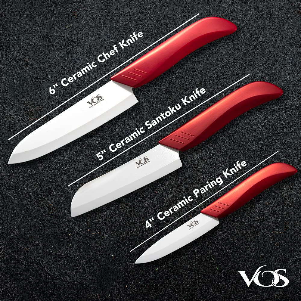 Vos Universal Knife Block and Ceramic Kitchen Knives With Covers, Ceramic Paring Knife 4", 5", 6" Inch Red