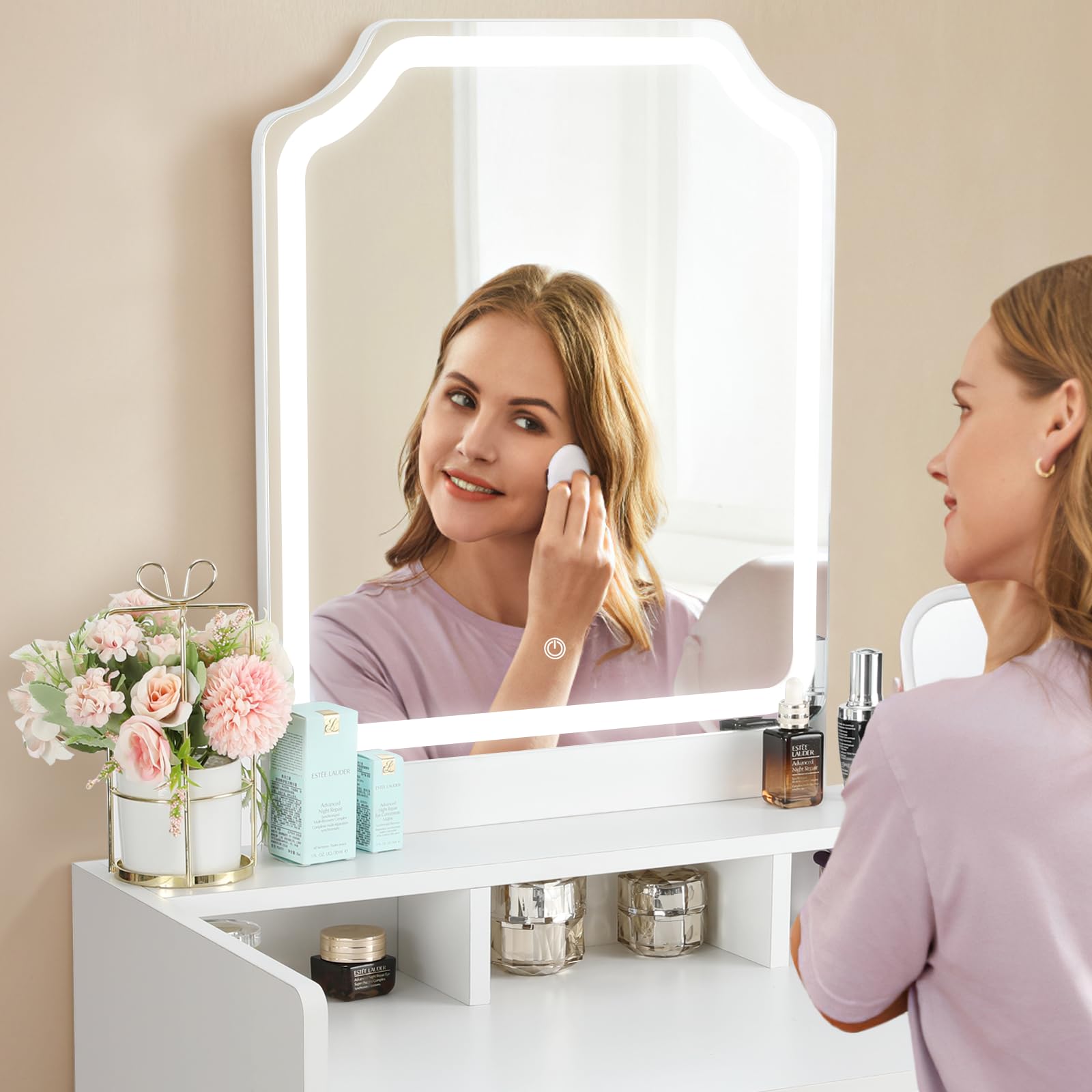 VOWNER Makeup Vanity Desk with Lighted Mirror, 3 Color Dimmable Vanity Table Set for Bedroom with Power Outlet, Drawer & Cushioned Stool, White, VOWNER-171