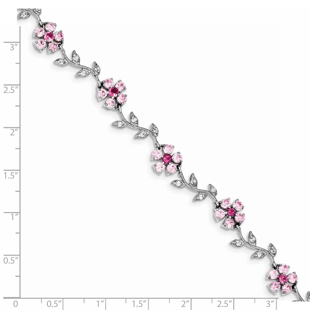 Sterling Silver 7.75inch Pink and Clear CZ Cubic Zirconia Flower Bracelet (10mm)