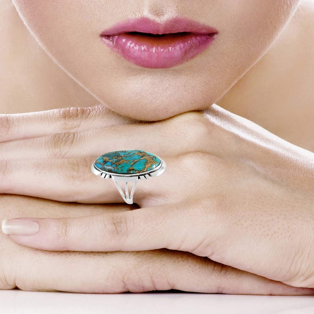 Sterling Silver 925 Ring with Genuine Turquoise (SELECT color) (Teal/Matrix Turquoise, 7)