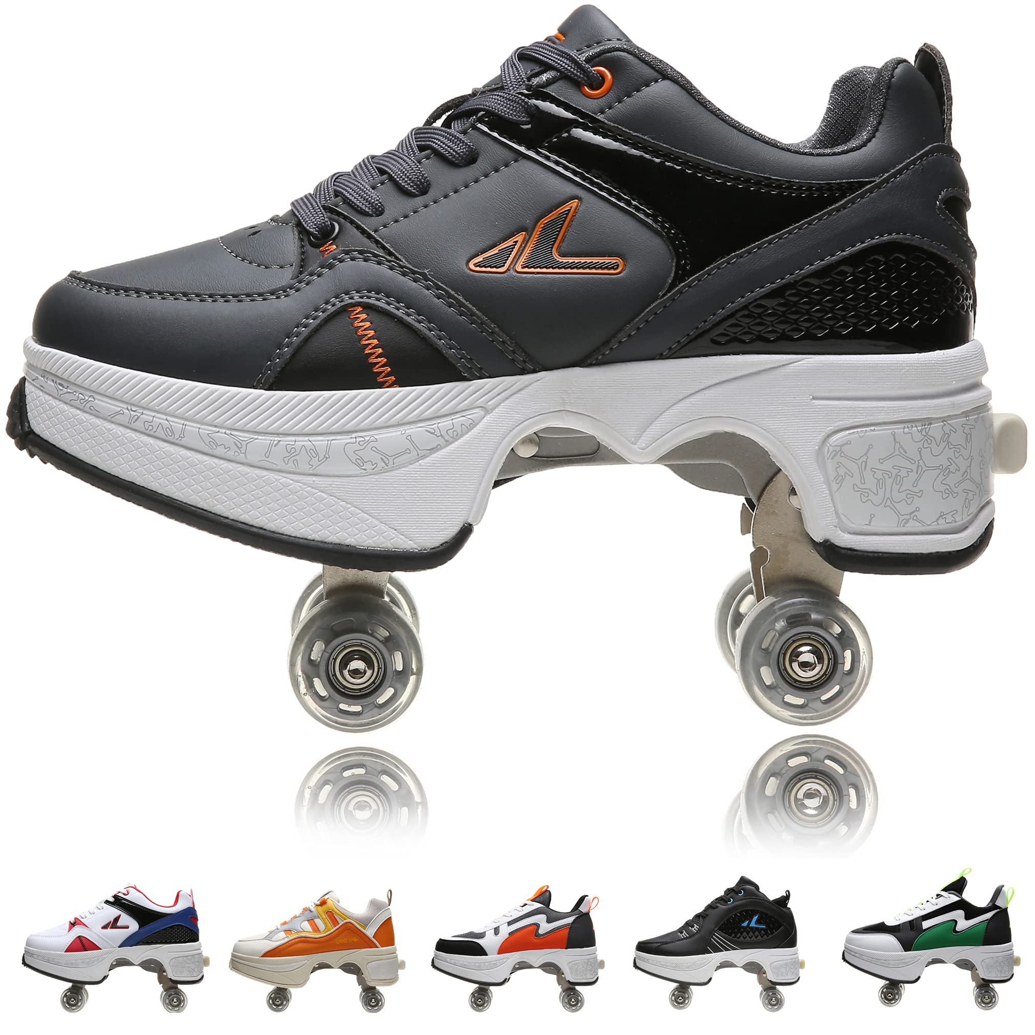 Women's Retractable Roller Skates Outdoor Girls Kick Roller Shoes Men Deformation Sneakers,Light blackr(浅黑色)-EU38/US7