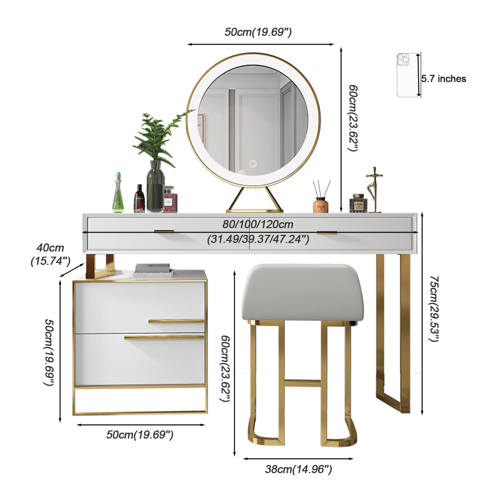 YIMAKEY Vanity Desk Set Mirror: Blue 47 Inches Vanity Table with 3 Modes Lights Mirror and 4 Drawers 1 Stool - Wooden Adjustable Makeup Table for Bedroom for Her