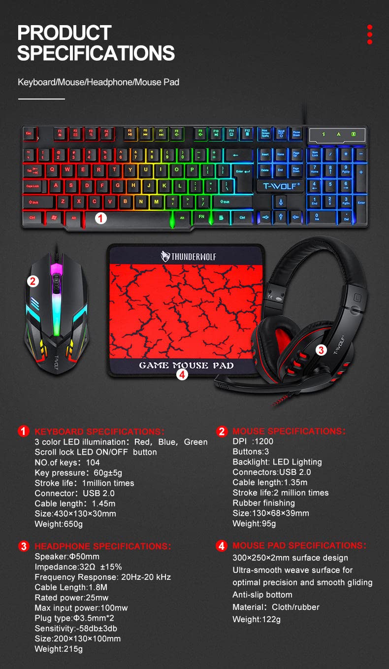 T-Wolf Gaming Combo TF800 Keyboard/Mouse/Headphone/Mouse Pad Wired LED RGB Backlight Bundle for PC Gamers Users - 4 in 1, Black