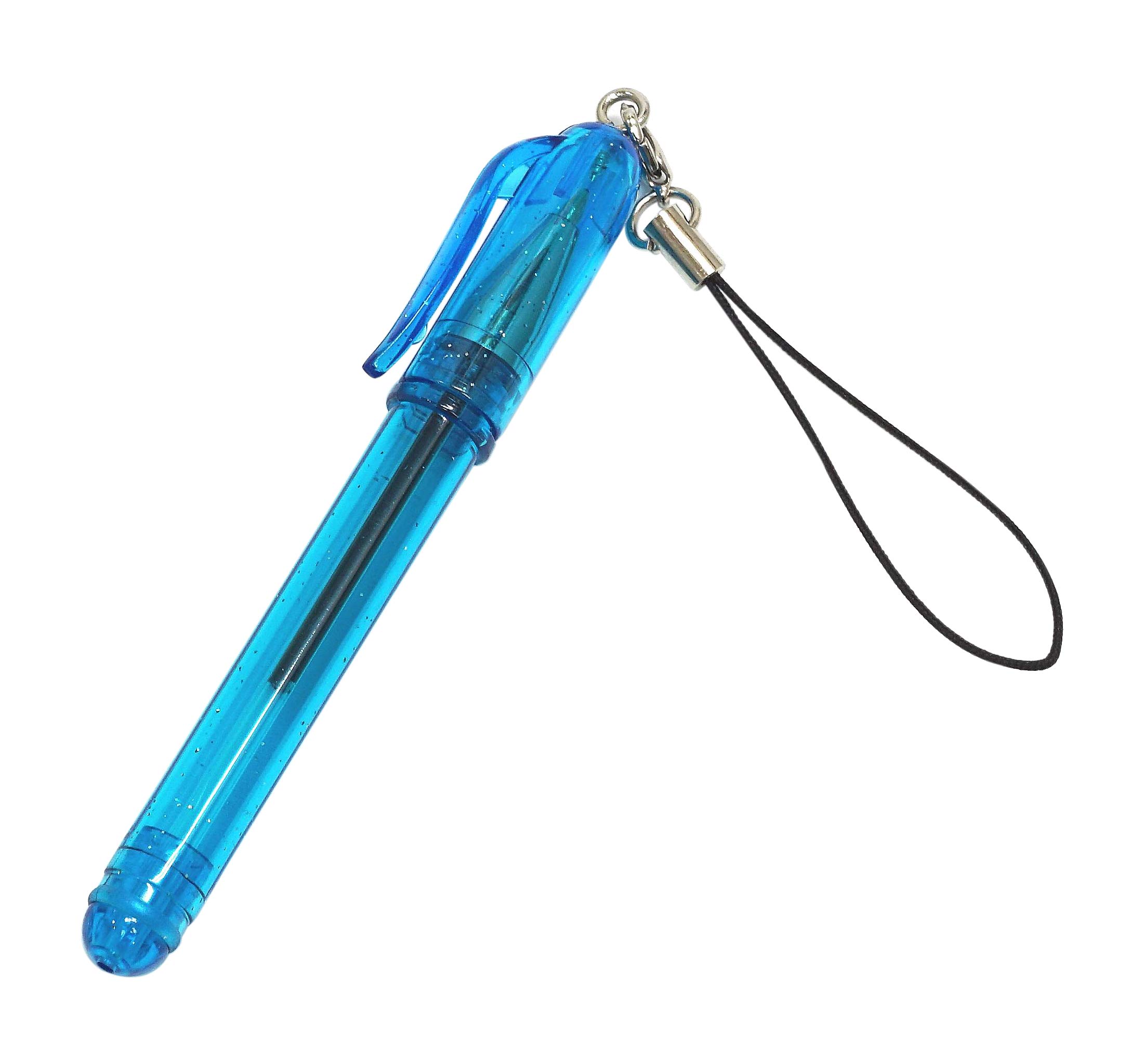 T22-N-509K-25-L Rakira Mini Pen with Lobster Claw Strap, OPP Bag, 3.7 inches (93 mm) Total Length with Mini Strap, Translucent Body Cap Type, Mini Pen with Glitter, Blue