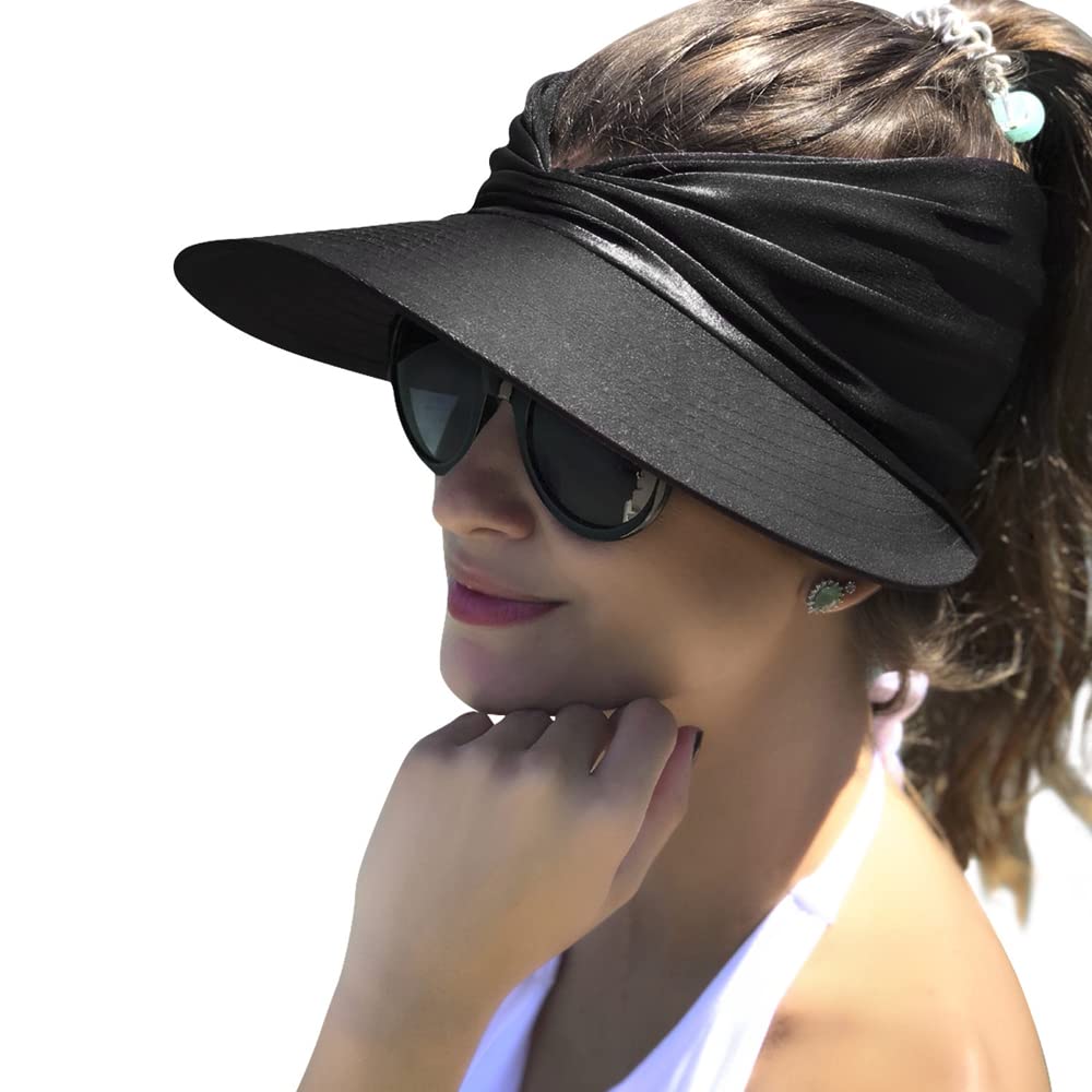 Women Visor Ponytail Sun Hat UPF 50+ UV Protection Wide Brim Beach Cap Summer Hat Outdoor(Black)