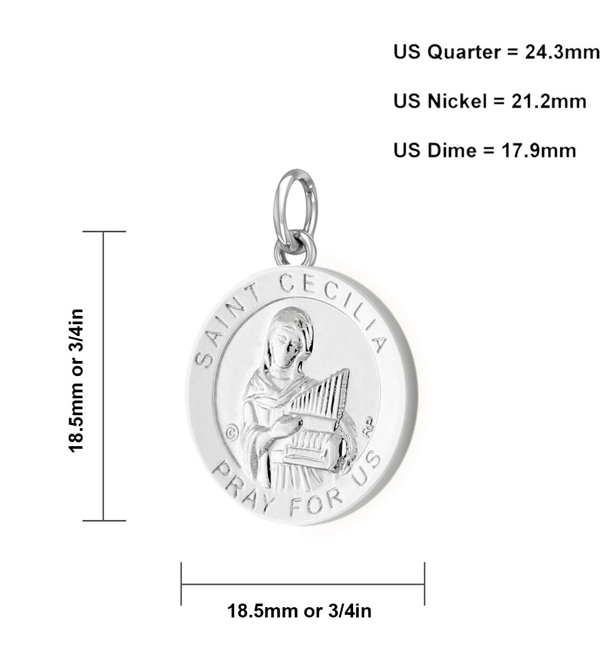 US Jewels New Polished 3/4in 0.925 Sterling Silver Saint St Cecilia Round Medal Pendant