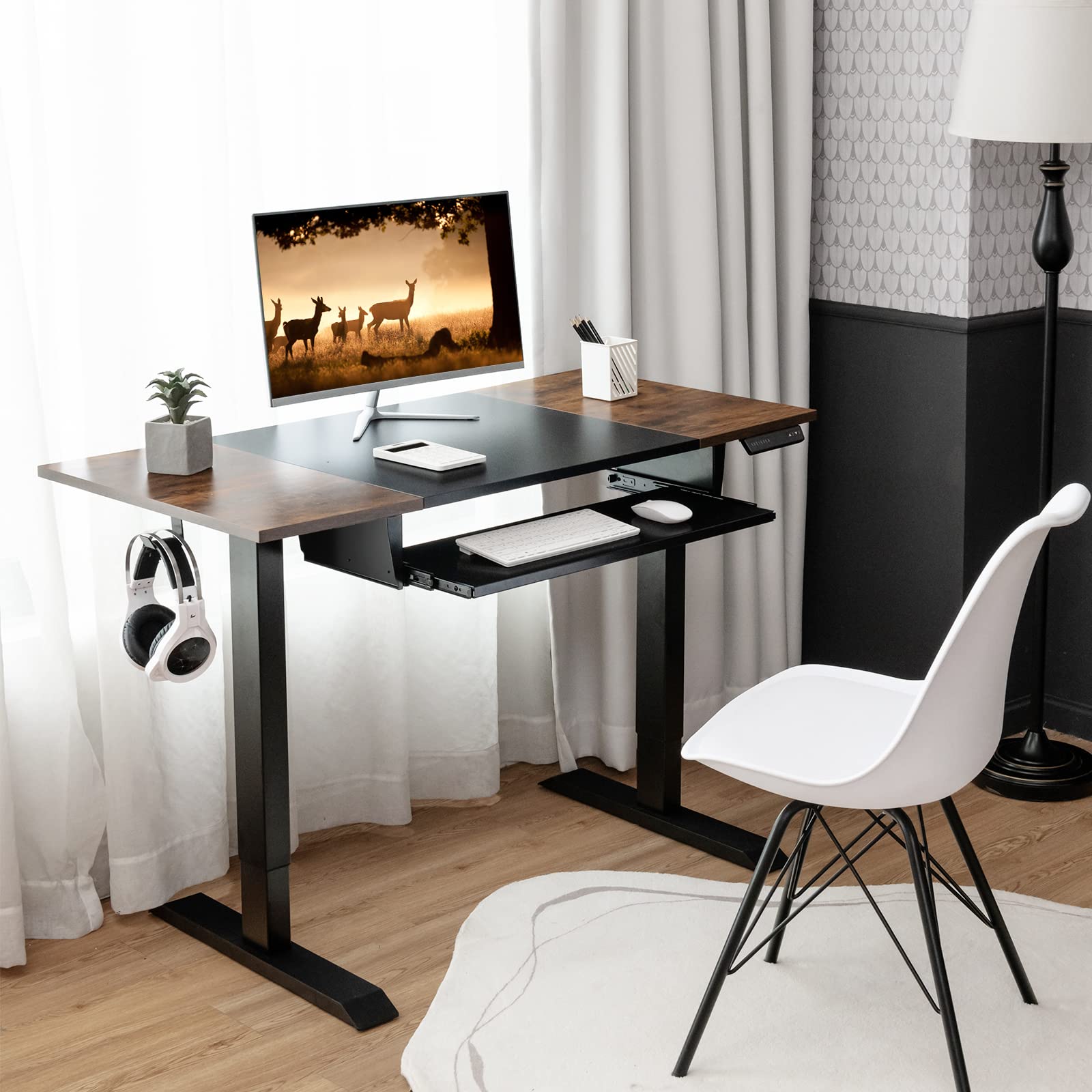Tangkula Standing Desk with Keyboard Tray, Height Adjustable Electric Sit Stand Desk with Splice Board, Anti-Collision Technology & 2 Hooks, 48 x 24 Inch Stand Up Workstation for Home Office