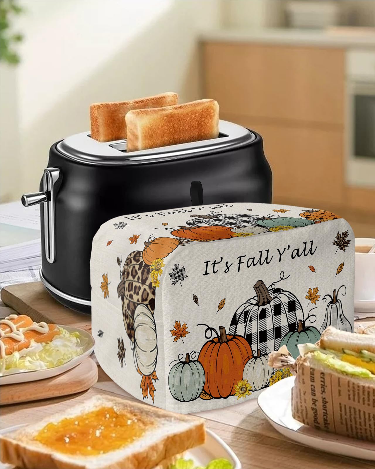 Toaster Cover, 4 Slice Toaster Cover Thanksgiving Fall Funny Pumpkin Linen Texture Kitchen Small Appliance Covers, Dust and Machine Washable Bread Maker Cover (12w X 11d X 8h)