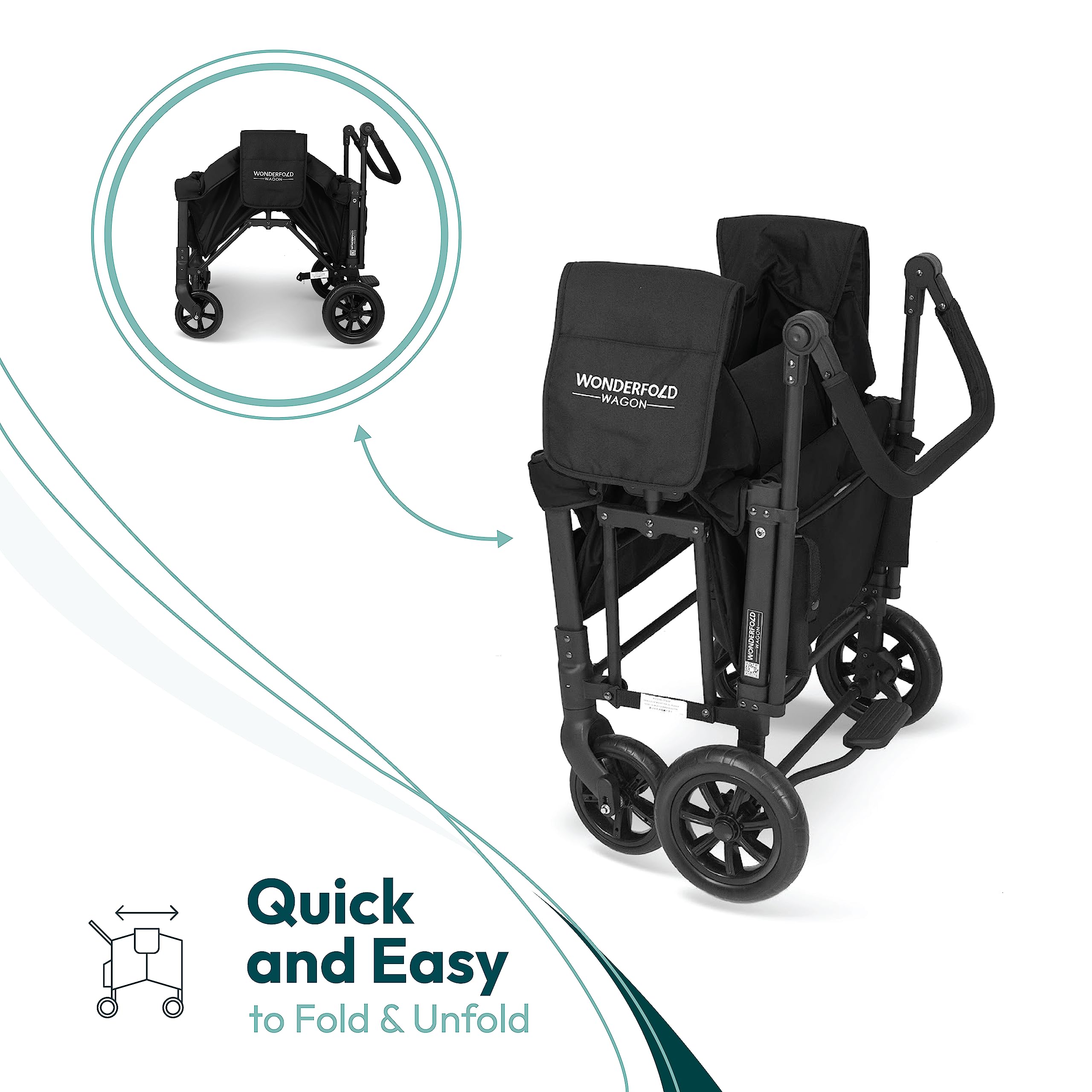 WONDERFOLD W1 Original Double Stroller Wagon (2 Seater) - Collapsible Wagon Stroller with Seats with 5-Point Harnesses, Adjustable Push Handle, and Sun Canopy, Gray