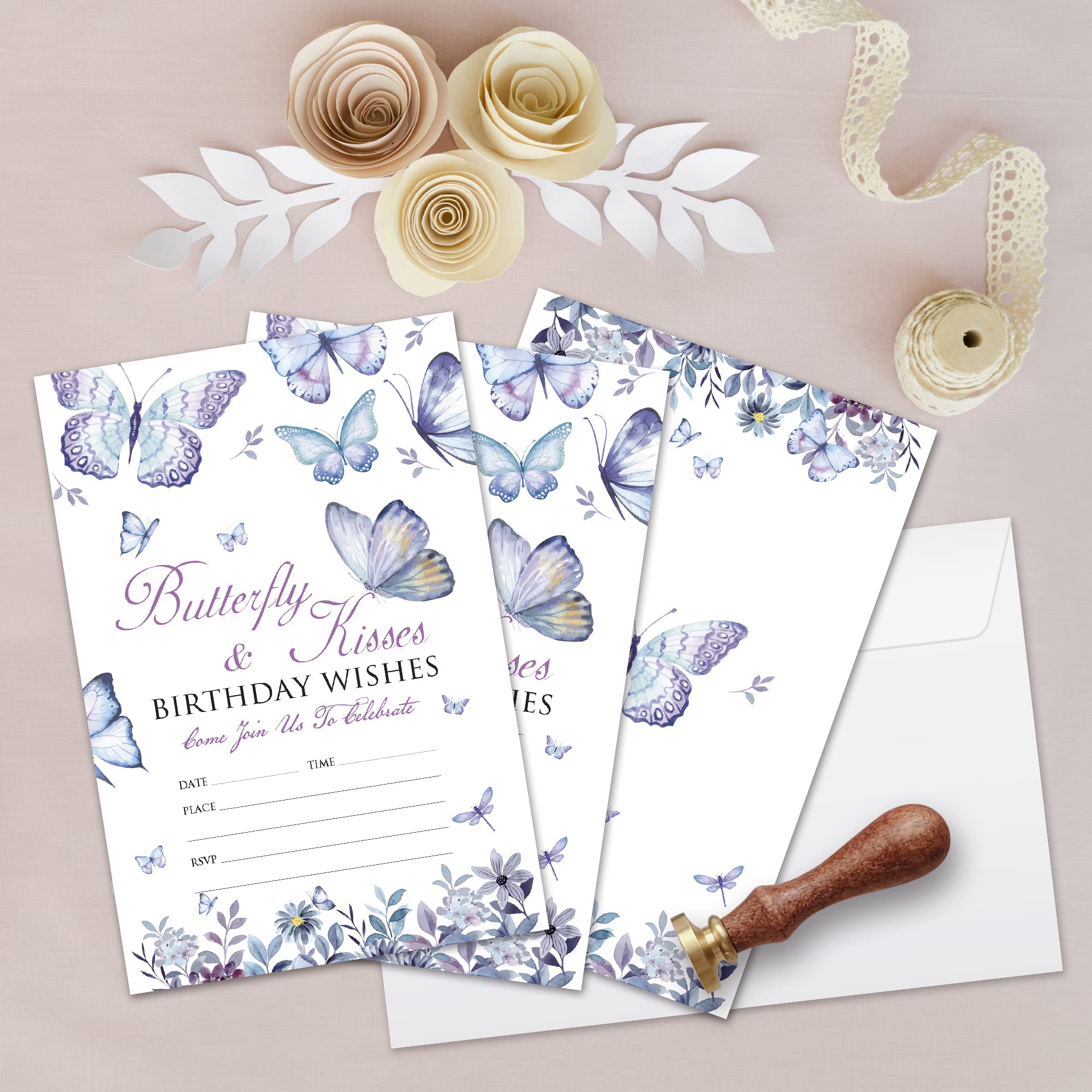 Watercolor Butterfly Birthday Invitations, Pack of 20 Fill-in Invitation Cards & 20 Envelopes, 4''X6'' - JY289
