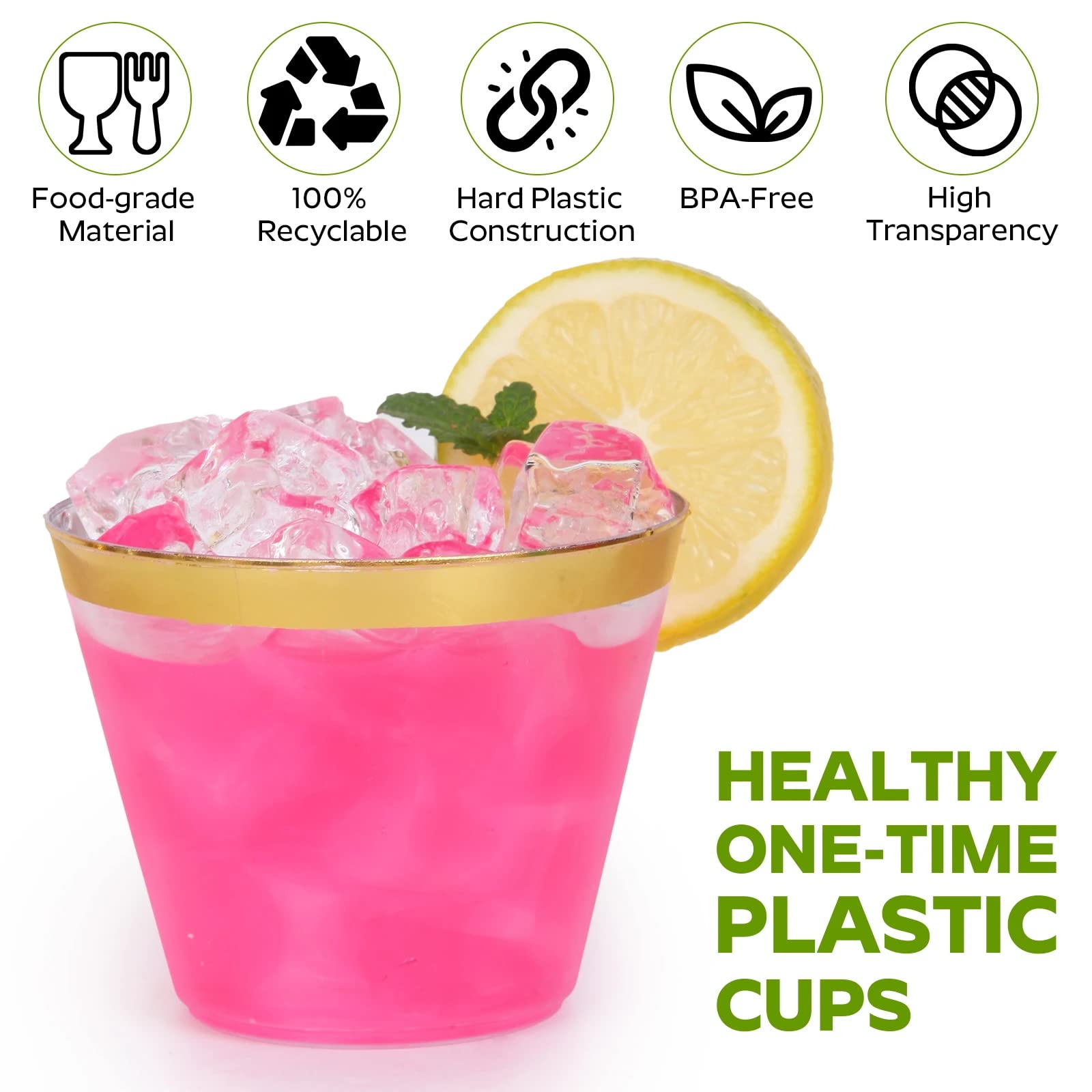 Tobvory 100 Pack Gold Rimmed Plastic Cups - 9 oz Hard Clear Plastic Cups, Premium Disposable Cups For Cocktail And Drinking - Food Grade Party Cups Set - Sturdy Plastic Tumbler Cups - Gold Rim