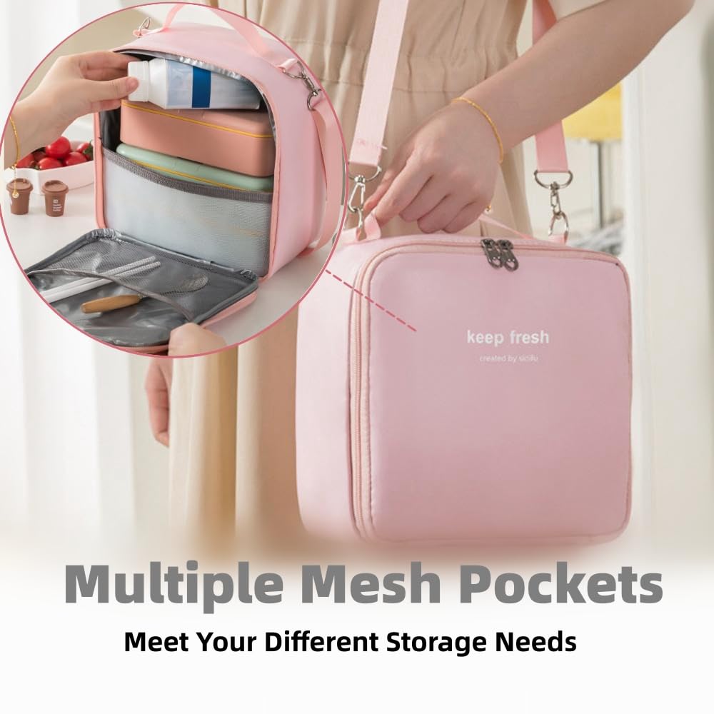XLXXJYBXZ Women's Pink Reusable Lunch Bag, Insulated and Leakproof, with Adjustable Shoulder Strap, Multiple Compartments, and High Durability