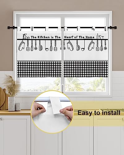 Tab Top Window Curtain,Kitchen Cooking Utensil Black White Checker Tier Curtains Panels Kitchen Valance 2 Drapes,Heart of Home Quotes Light Filtering Window Treatment for Bathroom Bedroom Cafe