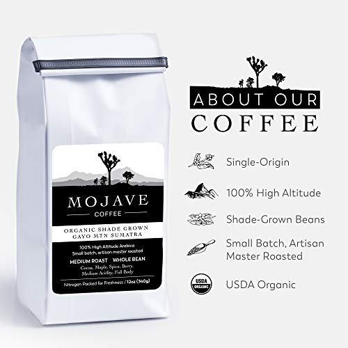 USDA Organic, Single-Origin, Shade-Grown Gayo Mountain Sumatra Coffee, Whole Bean, Medium Roast, from High-Altitude Grown Arabica, Small-Batch, Fresh Roasted 12oz Coffee Bag - Mojave Coffee
