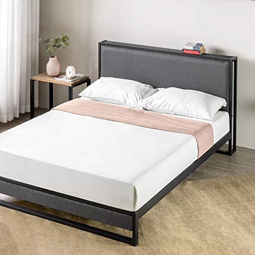 ZINUS Christina Upholstered Platform Bed Frame with Black Headboard Shelf / No Box Spring Needed / Wood Slat Support / Easy Assembly, Queen