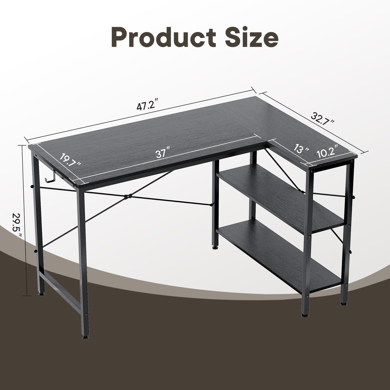 ZERDER Home Office Desk, 47 Inch Small L Shaped Computer Desk with 2 Tier Storage Shelves, Home Gaming Desk with Side Hook, Black ZER-004-01B
