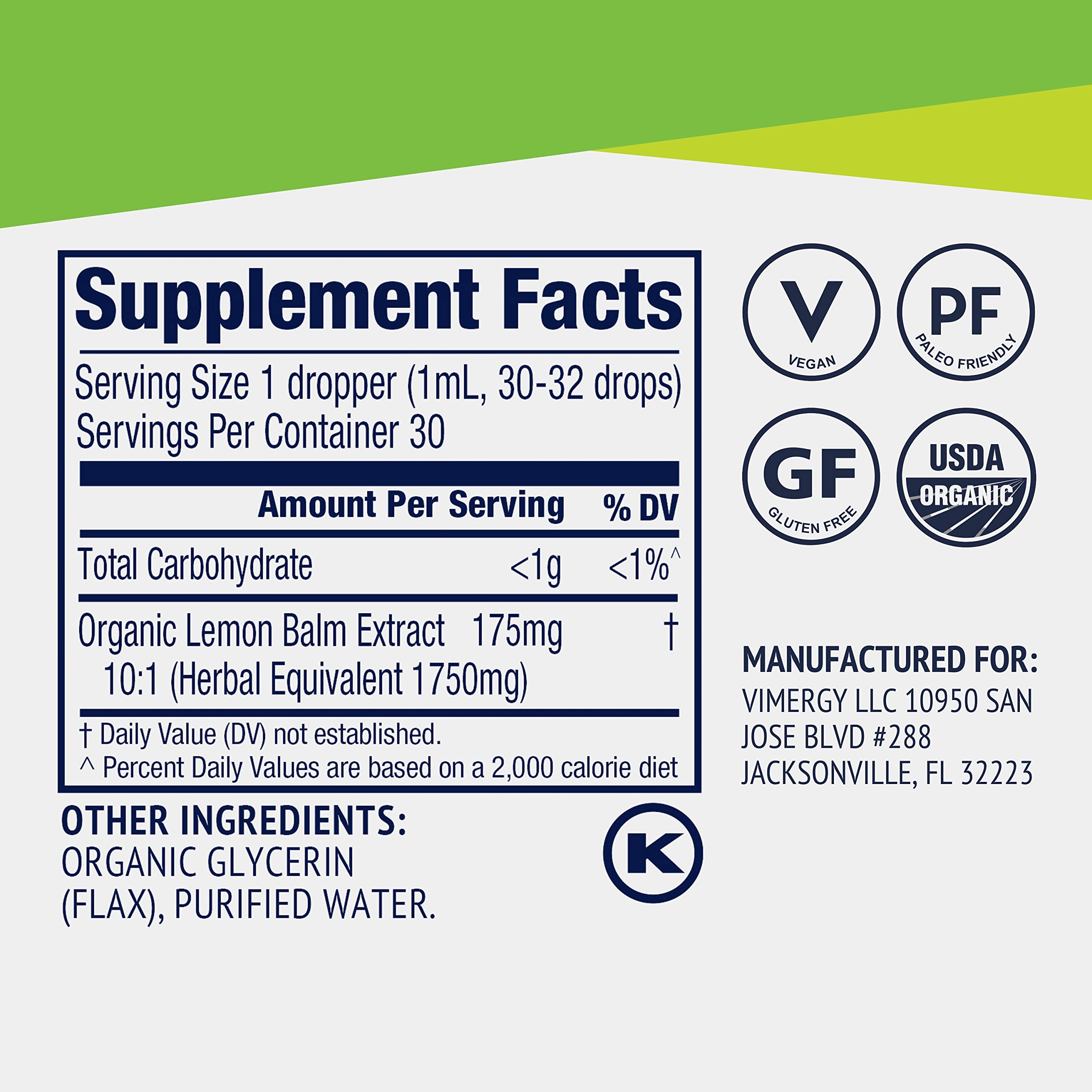 Vimergy USDA Organic Lemon Balm Extract, 30 Servings – Supports Calm and Relaxed Feeling– Relief from Occasional Nervous Tension – Alcohol-Free – Gluten Free, Non-GMO, Kosher, Vegan & Paleo (30 ml)