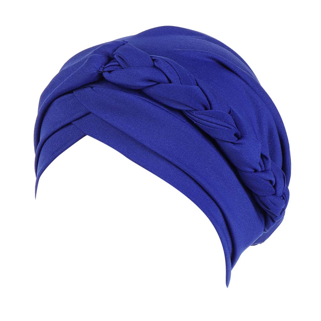 Women's Turban Solid Color Hair Hat Beading Head Wrap Cancer Chemo Patient Muslim Hijab Cap (Blue, One Size)