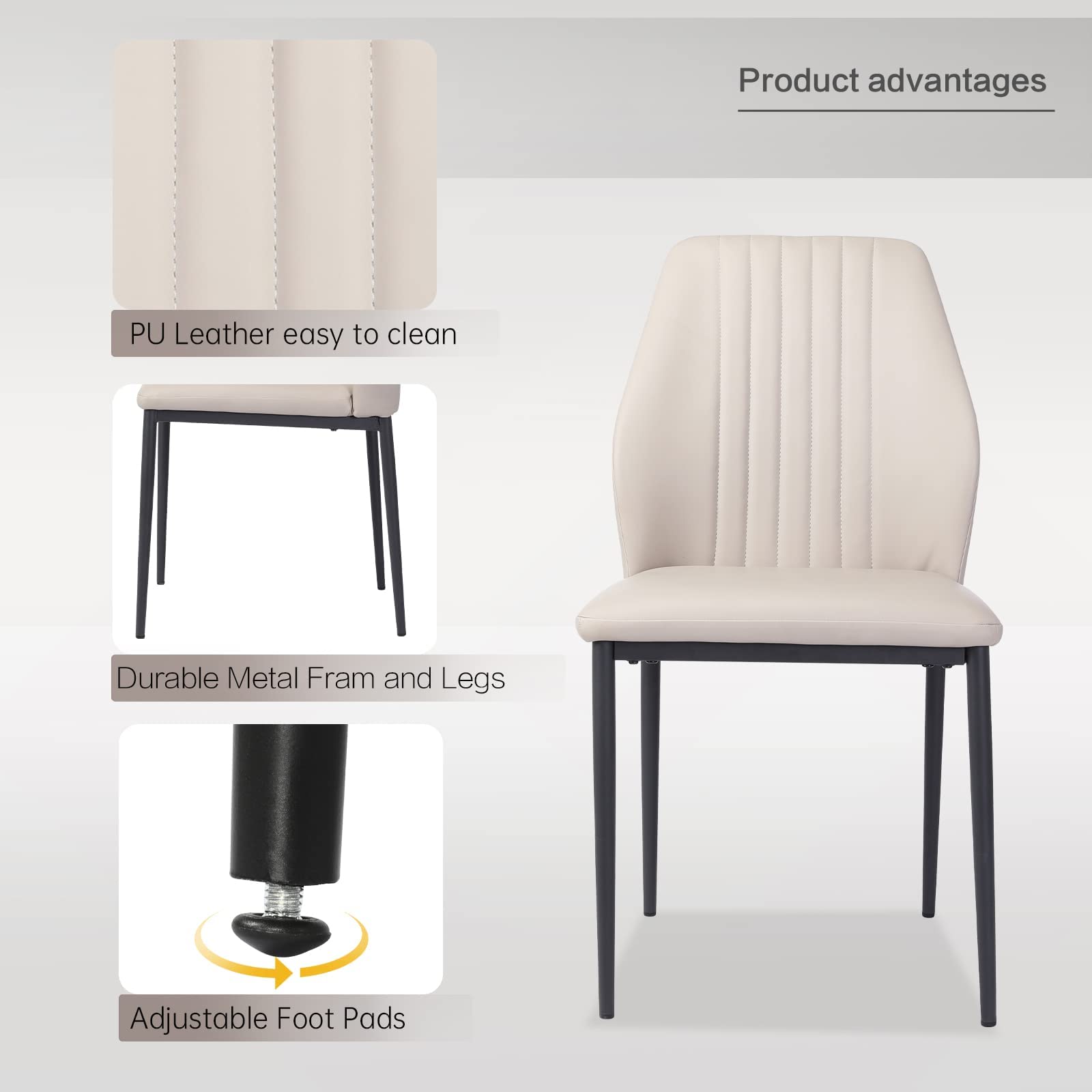 Zerifevni Dining Chairs Set of 2, Upholstered Side Chairs, Faux Leather Modern Style Kitchen Chairs with Stable Steel Legs (Beige)