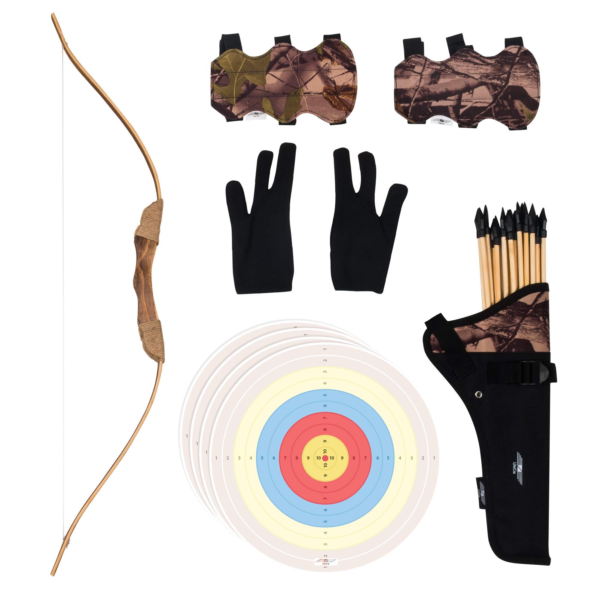 UTeCiA 30 Pcs Complete Archery Set for Kids & Beginners - Safety Rubber Tip Arrow Pack, Handcrafted Wooden Bow, Fabric Quiver, Arm Guard, Finger Glove, Target Sheets - Outdoor and Indoor Shooting Toy