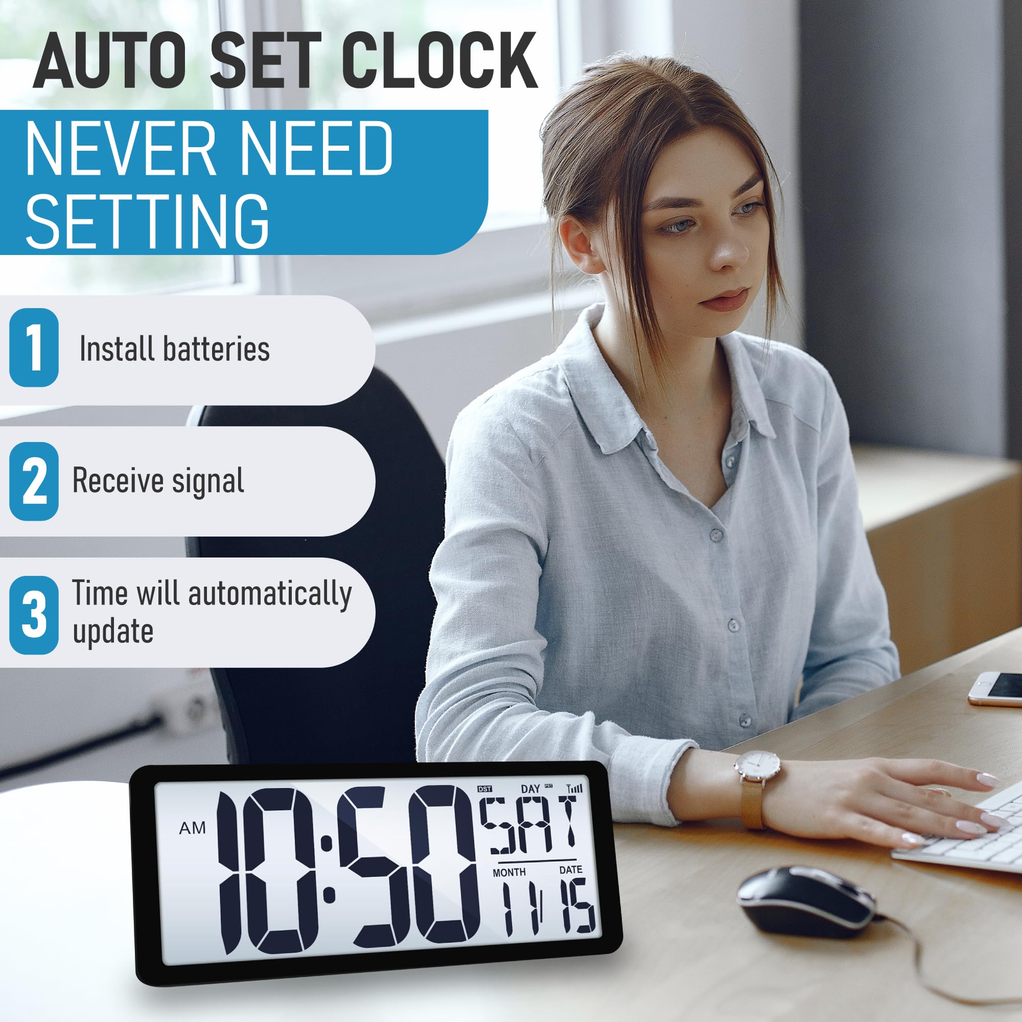TXL Large Digital Wall Clock with Backlight, 14.17" Battery Operated Alarm Clock with Day, Date & Temperature, Jumbo Display Digital Count Up Down Timer Clock for Seniors, Home