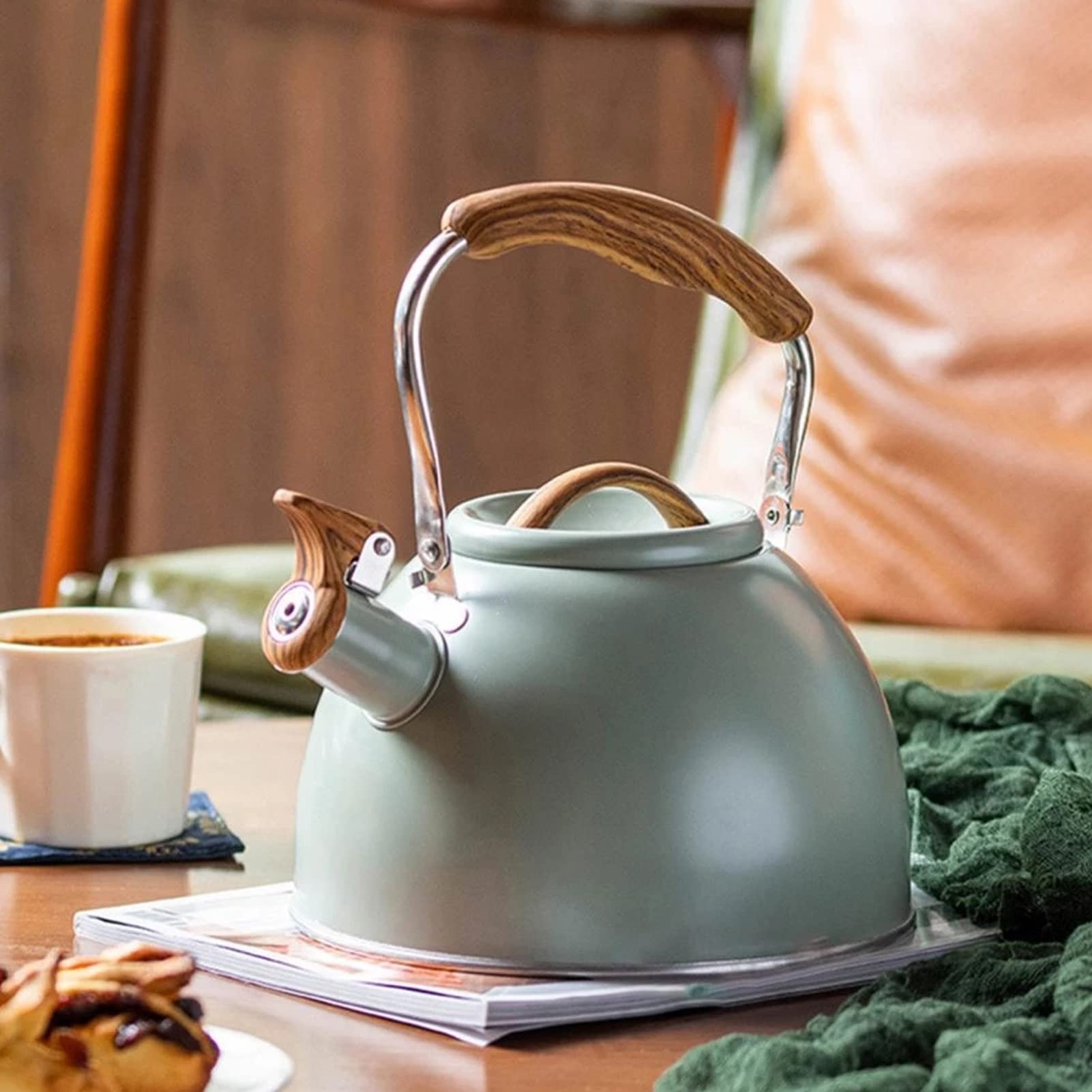VTOSEN Whistling Tea Kettle,Light Green Tea Pots for Stove Top with Wood Pattern Handle, Universal Base for Induction, Gas and Electric (3L)