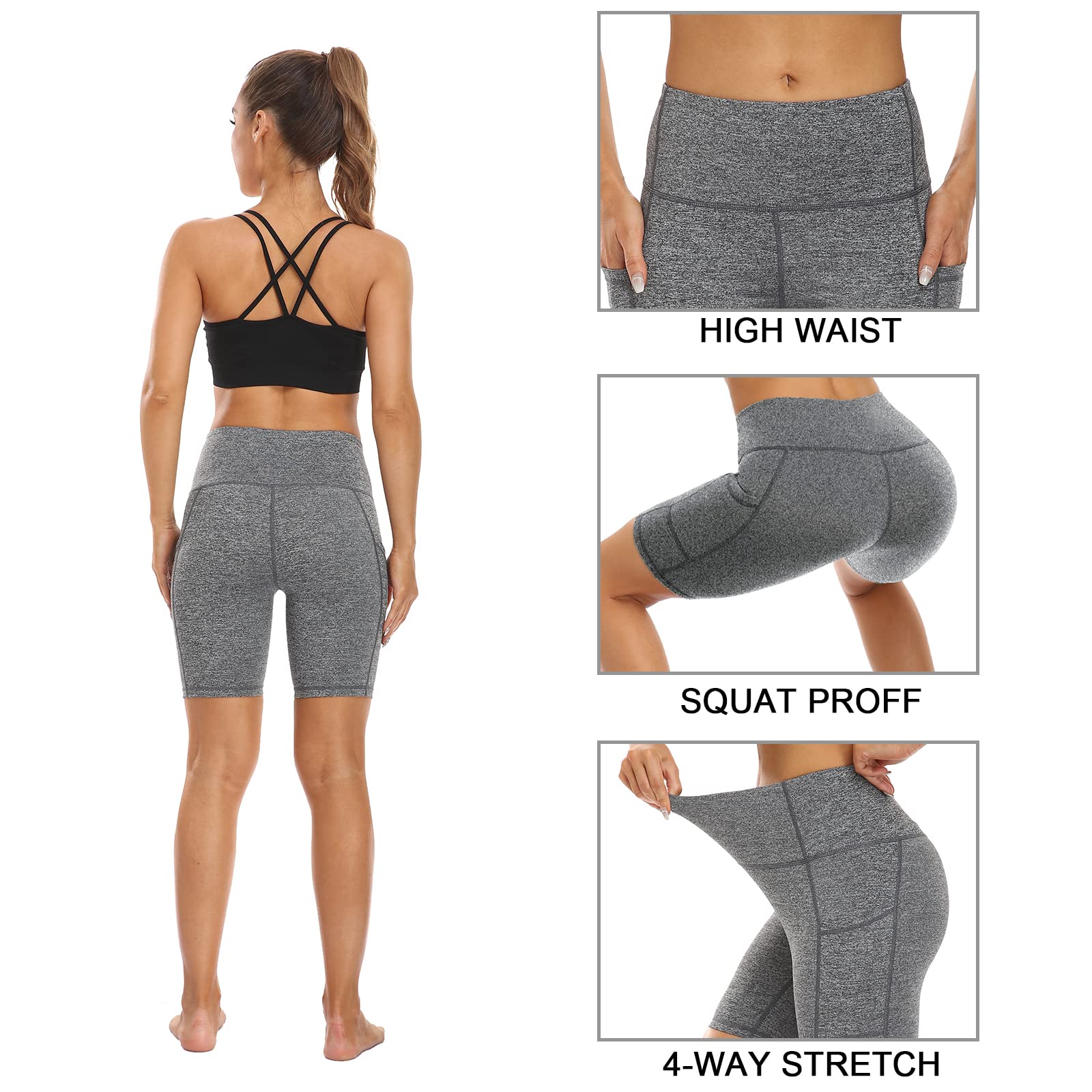 WANAYOU Women's 3 Pack High Waist Yoga Shorts Tummy Control Biker Shorts Workout Running Compression Shorts with Side Pockets 8" Exercise Spandex Shorts Size S - XL