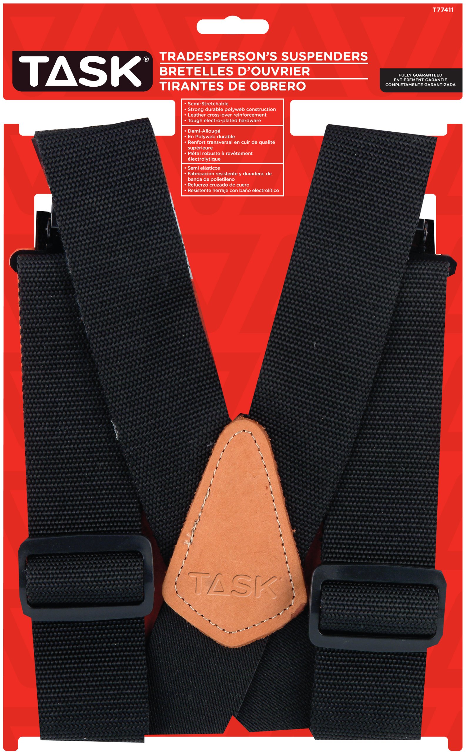 Task T77419 Tape Measure Pattern Tradesperson's Suspenders, Full Elastic with Leather Cross-Over Reinforcement, Adjustable Size