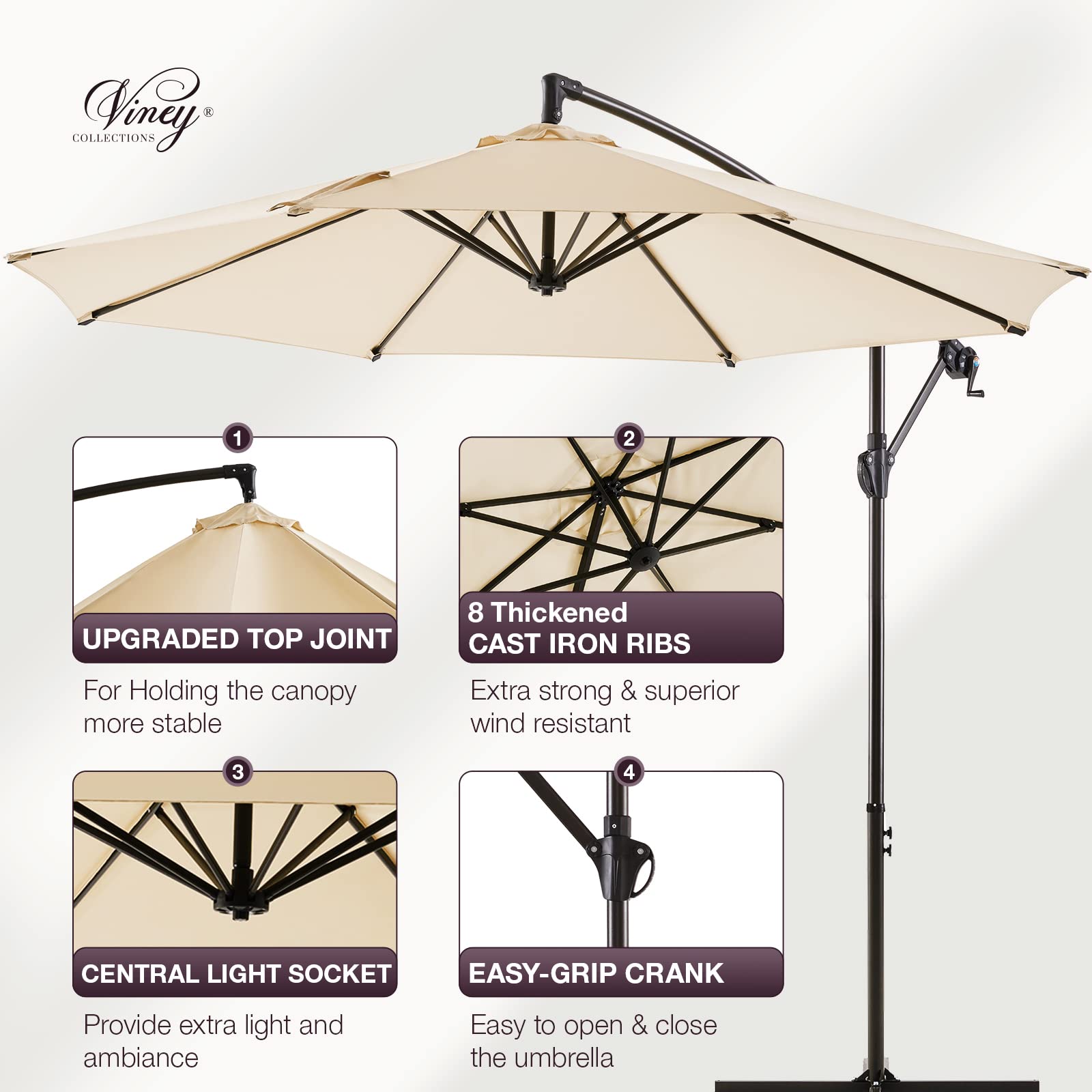 VINEY Patio Offset Hanging Umbrella 10 FT Cantilever Outdoor Umbrellas w/Infinite Tilt, Fade Resistant Waterproof Solution-Dyed Canopy & Cross Base, for Yard, Garden & Deck