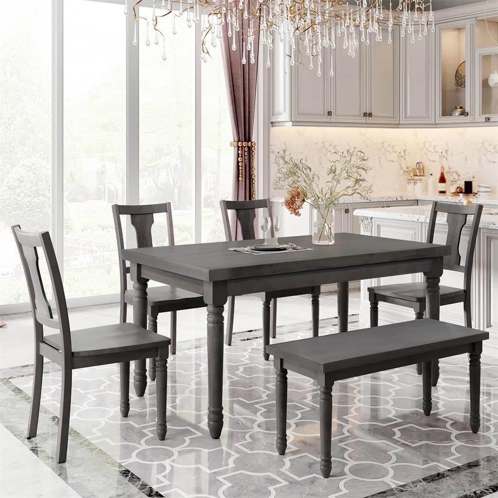 ZHYH 6 Piece Classic Dining Table 1 Wooden Table + 4 Chairs + 1 Kitchen Dining Bench Grey