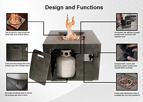 XBrand MgO & Metal 40,000 BTU Outdoor Propane Gas Smokeless Square Fire Pit Table with Volcanic Rocks & Rain Cover, 30 inch Wide, Gray