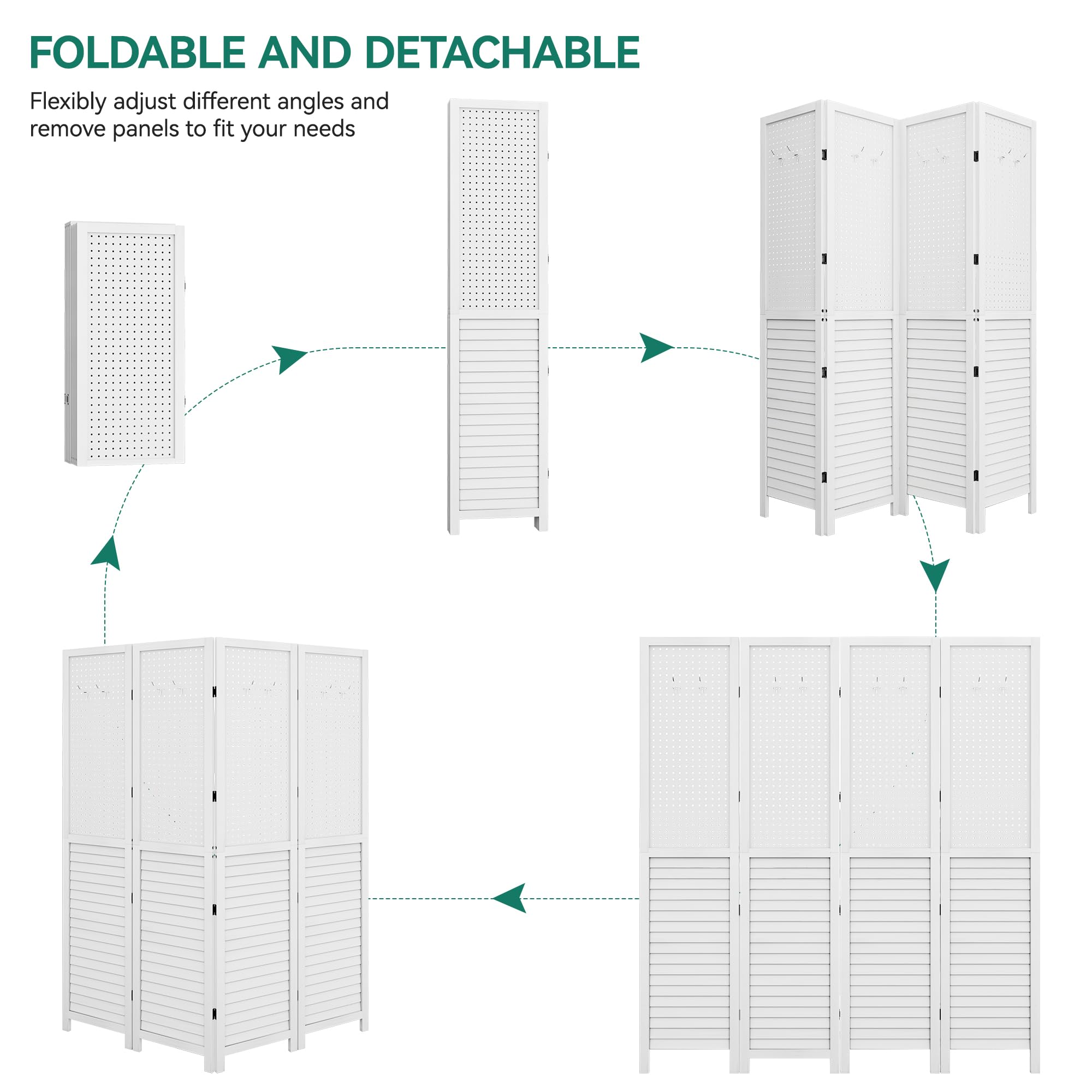 YITAHOME 5.6FT Wood PegBoard Room Divider 4 Panel Folding Privacy Screens and Pegboard Display, Standalone Portable Wall Divider Room Partition for Jewelry, Craft Show, Retail, Bedroom